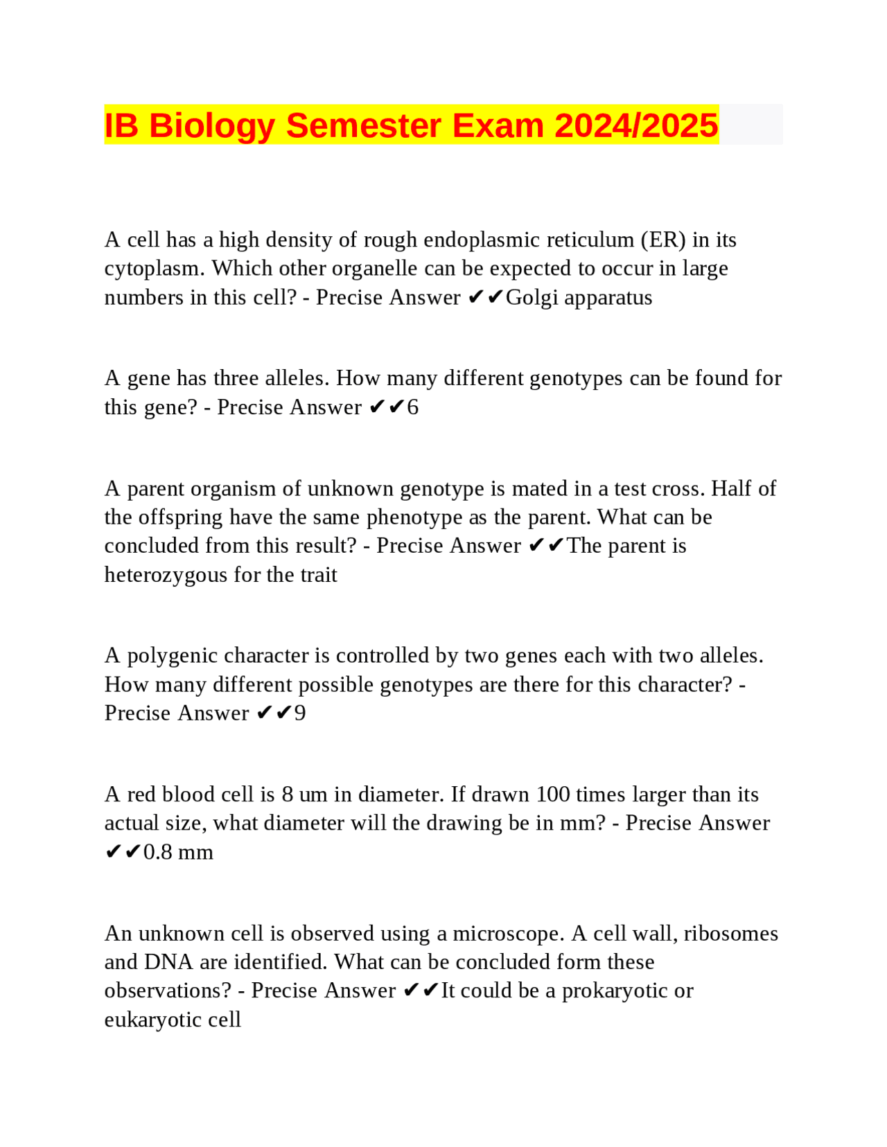 IB Biology Semester Exam 2024/2025 | Exams Nursing | Docsity