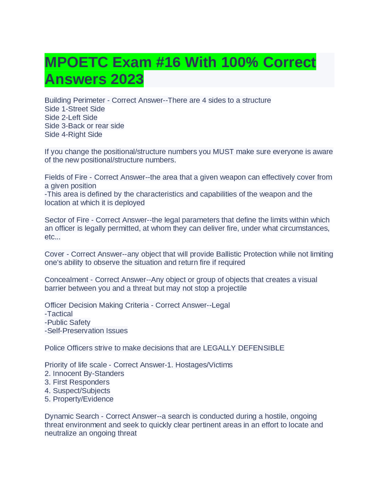 MPOETC Exam #16 With 100% Correct Answers 2023 | Exams Advanced ...