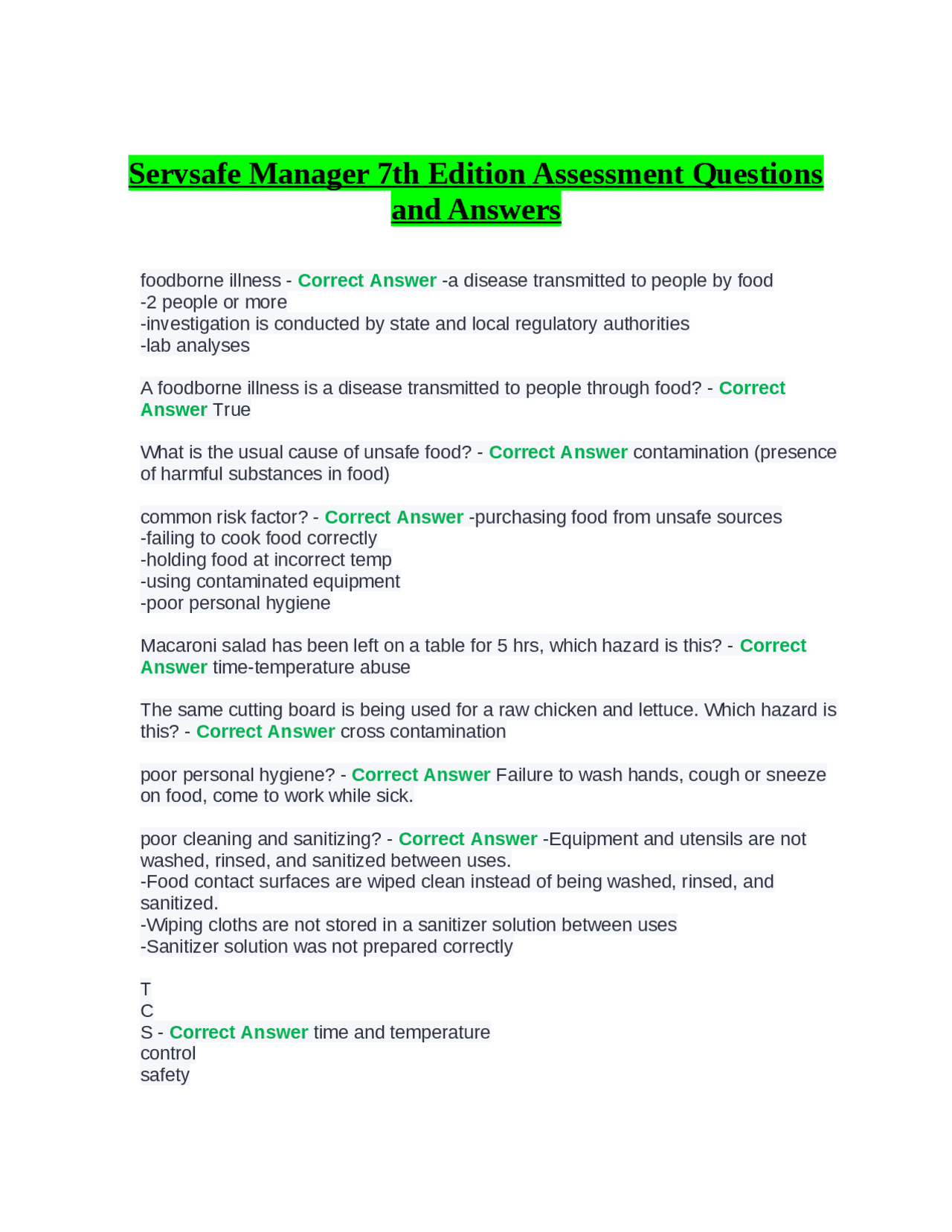Servsafe Manager 7th Edition Assessment Questions and Answers | Exams ...