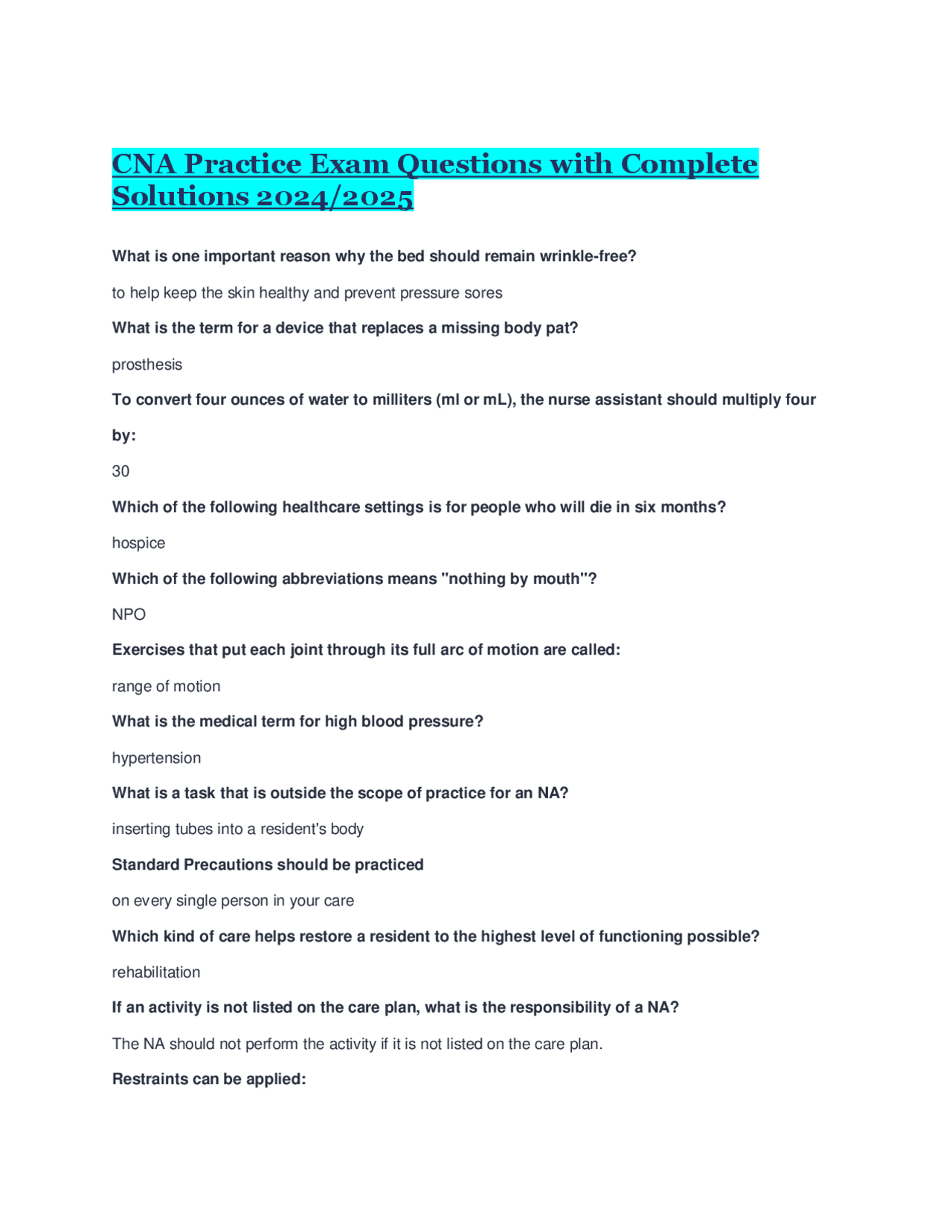 CNA Practice Exam Questions with Complete Solutions 2024/2025 | Exams ...