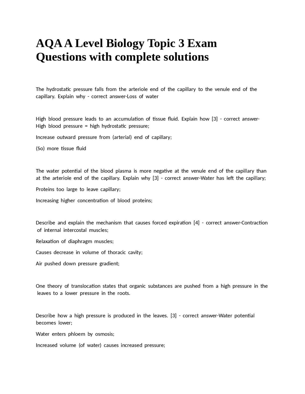 AQA A Level Biology Topic 3 Exam Questions with complete solutions ...