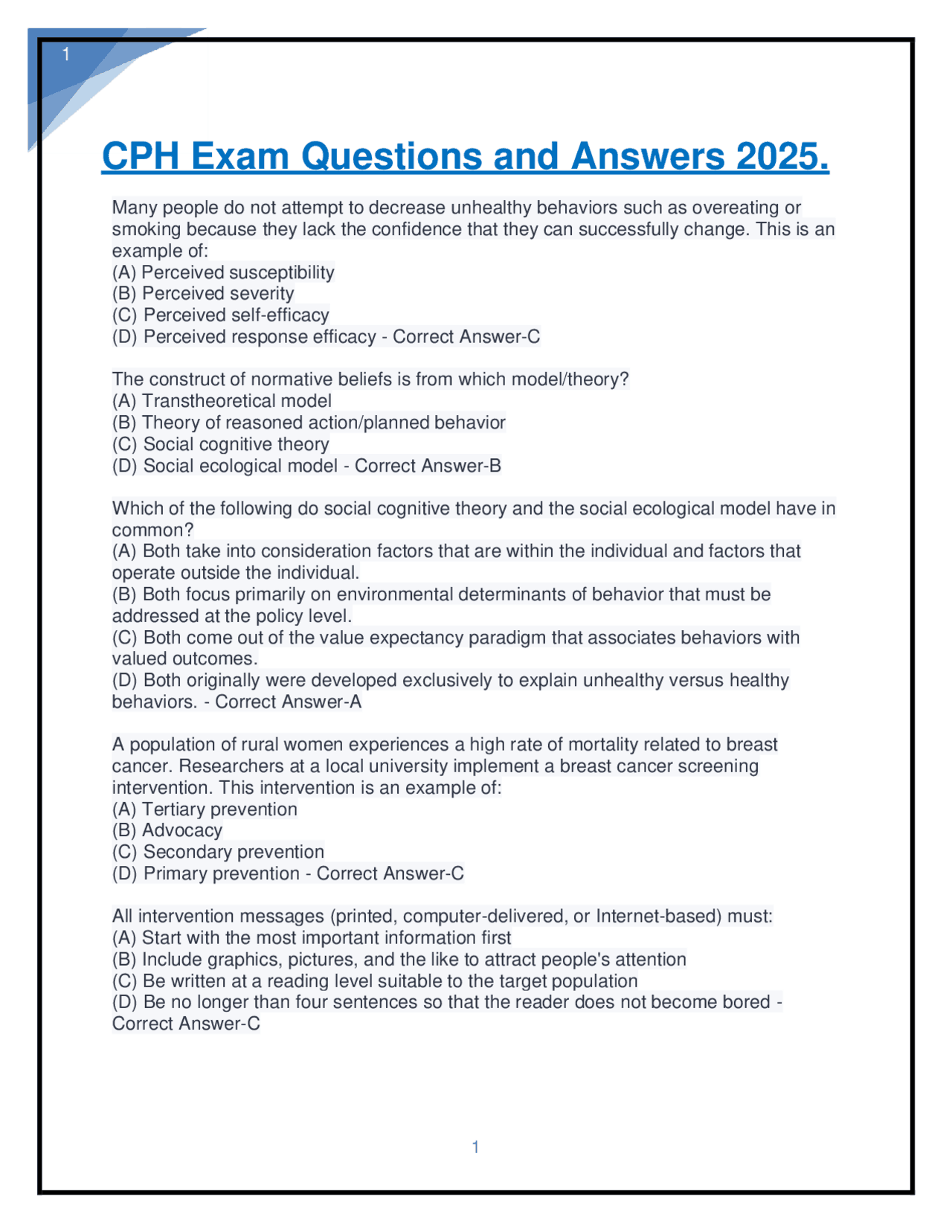 CPH Exam Questions and Answers 2025. | Exams Nursing | Docsity