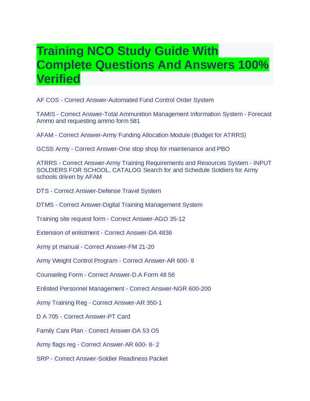 Training NCO Study Guide With Complete Questions And Answers 100% ...