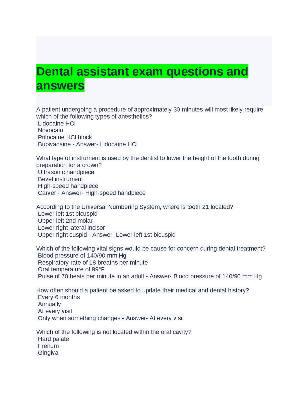 Dental assistant exam questions and answers | Exams Nursing | Docsity