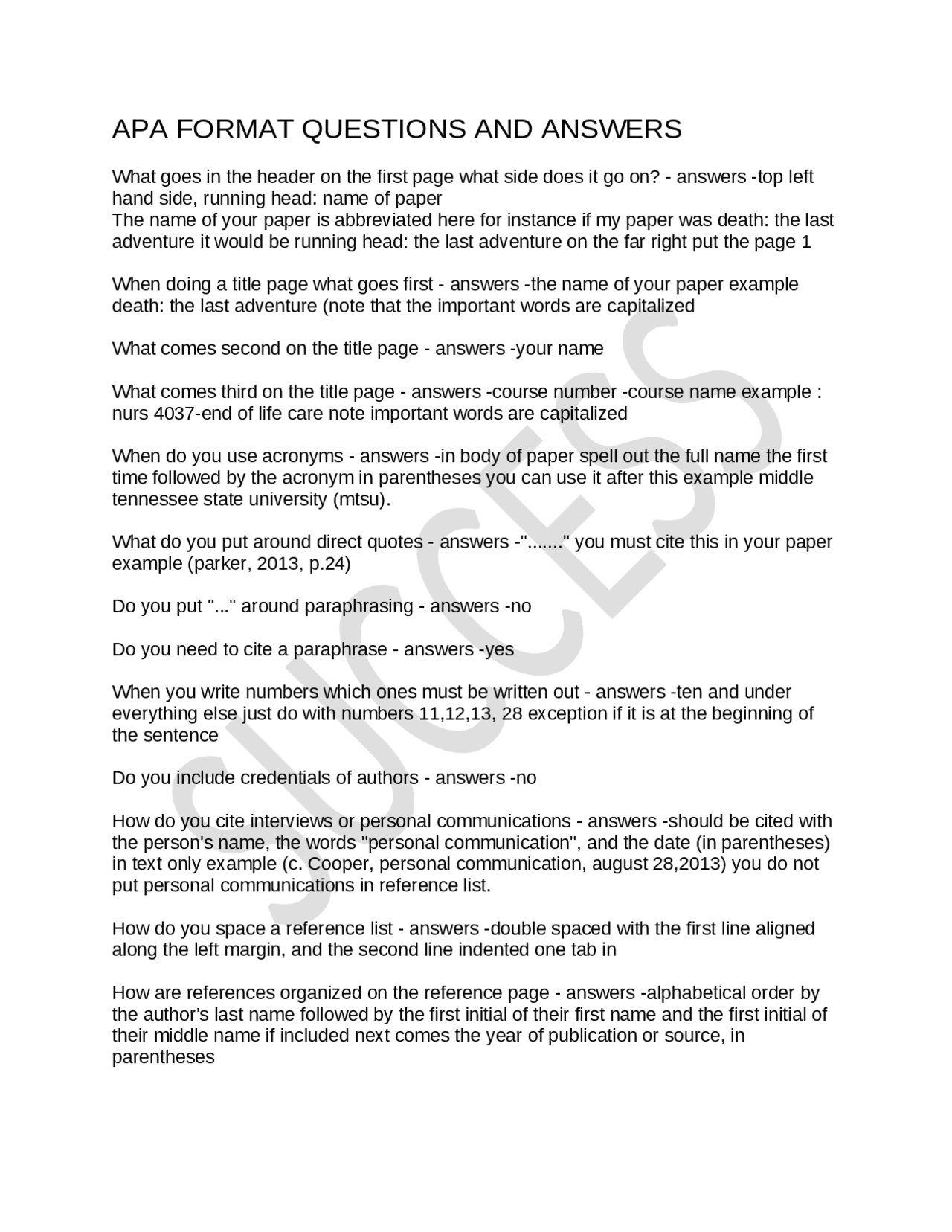 APA Format: Questions and Answers | Exams Social Sciences | Docsity