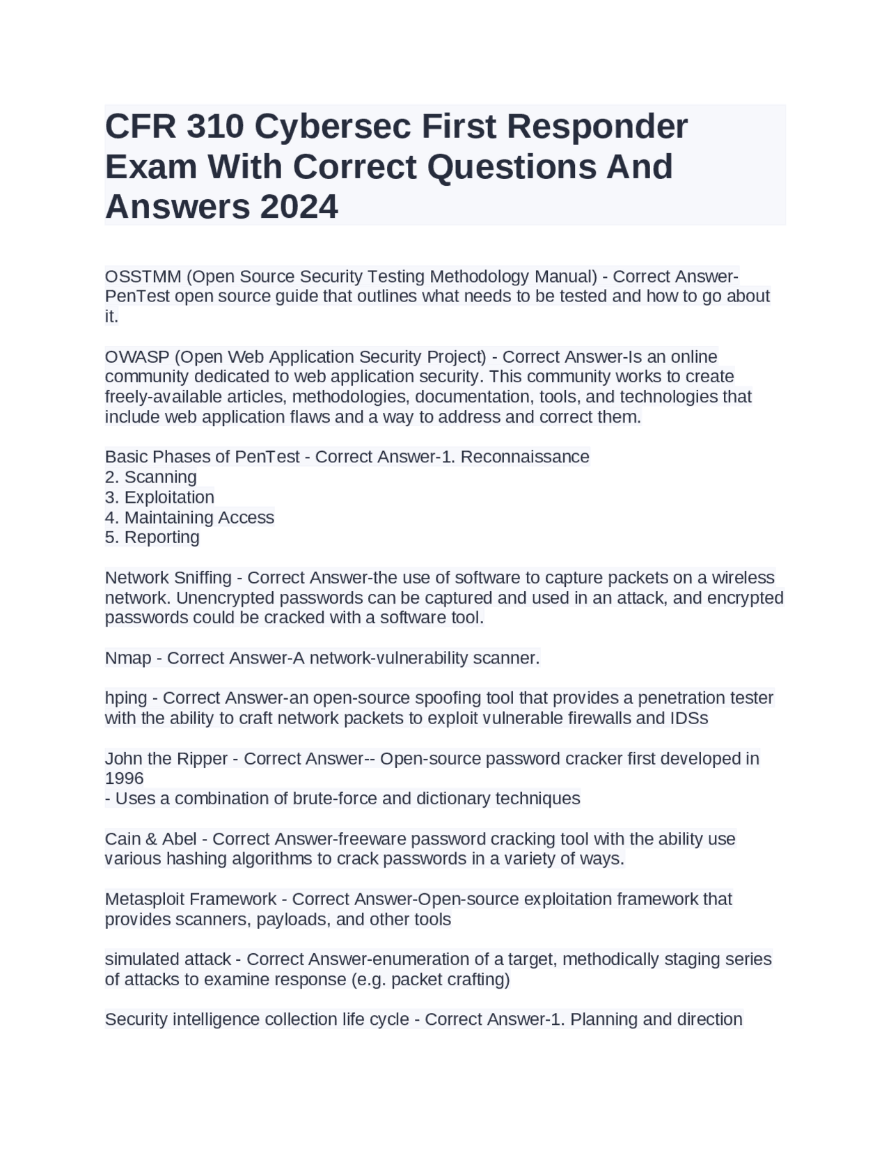 CFR 310 Cybersec First Responder Exam With Correct Questions And ...