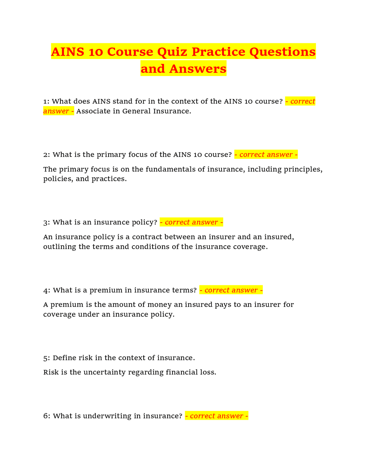 AINS 10 Course Quiz Practice Questions and Answers | Exams Law | Docsity