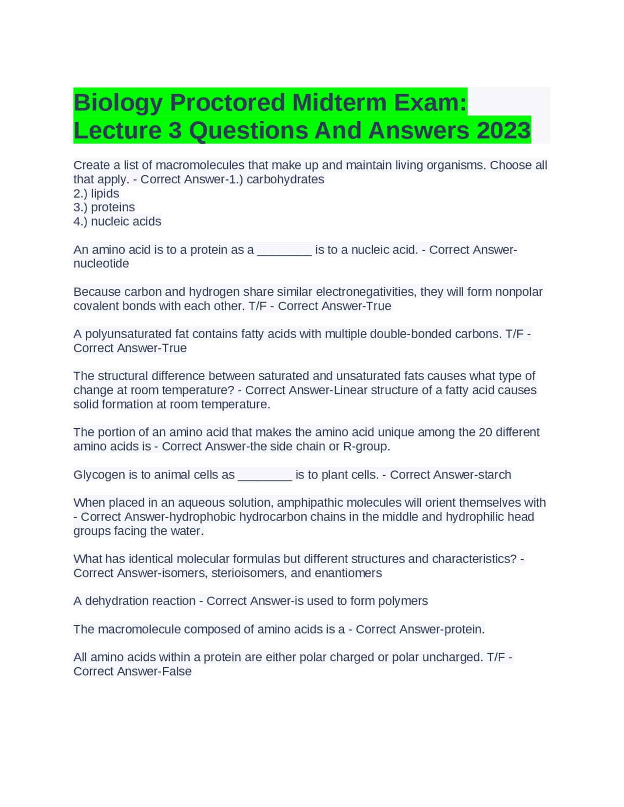 Biology Proctored Midterm Exam: Lecture 3 Questions And Answers 2023 ...