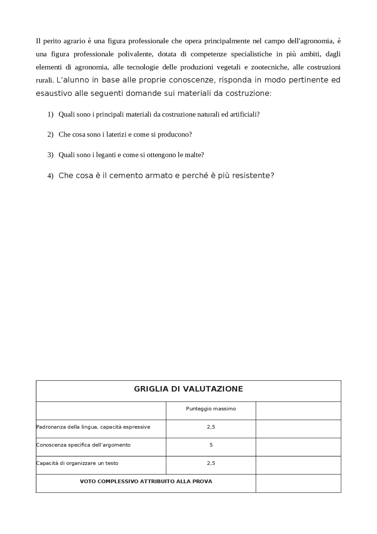 verifica sui mateeriali | Esercizi di Genio rurale | Docsity
