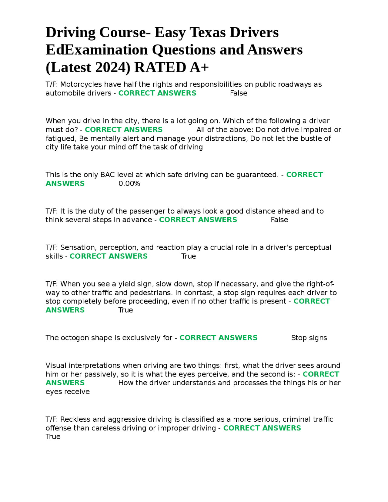 Driving Course - Easy Texas Drivers Exam Questions and Answers (Latest ...