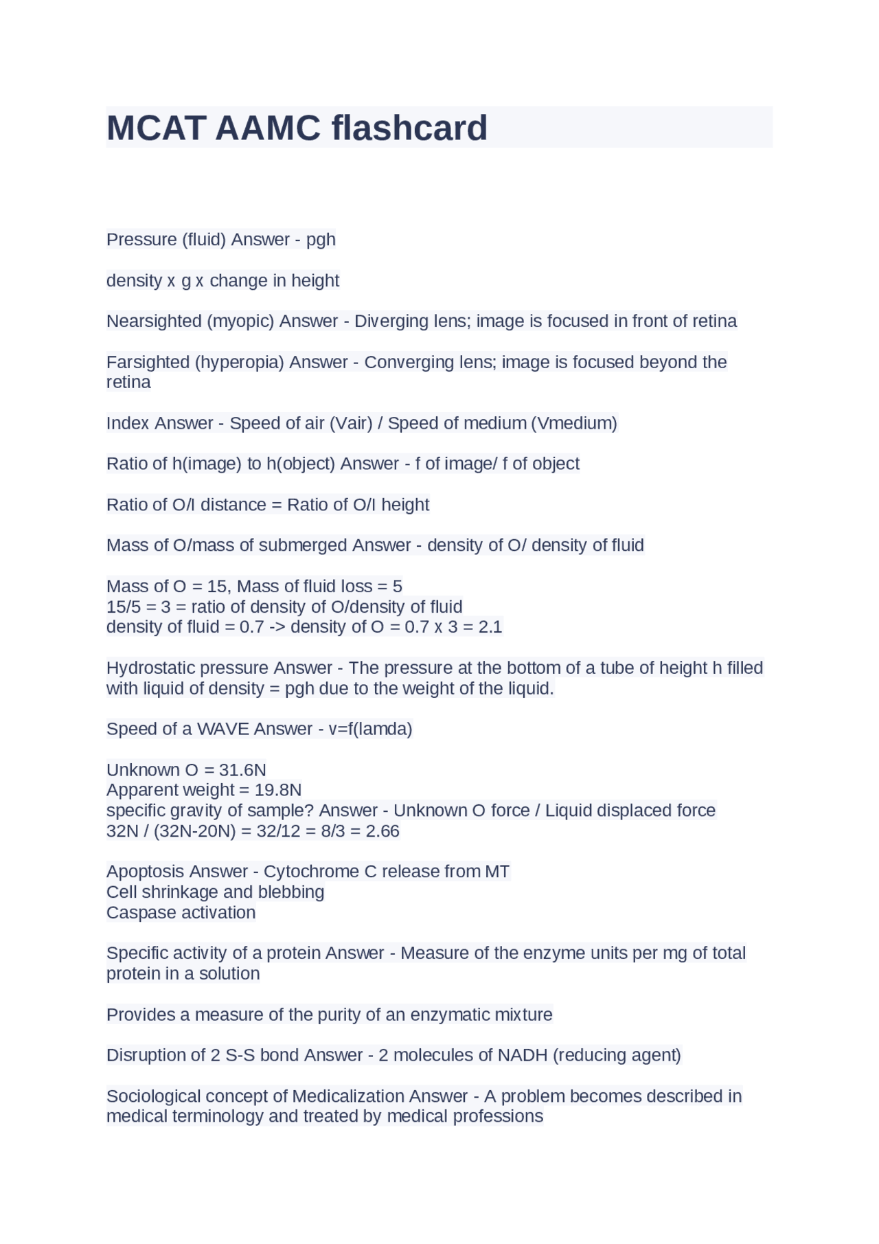 MCAT AAMC flashcard. | Exams Nursing | Docsity