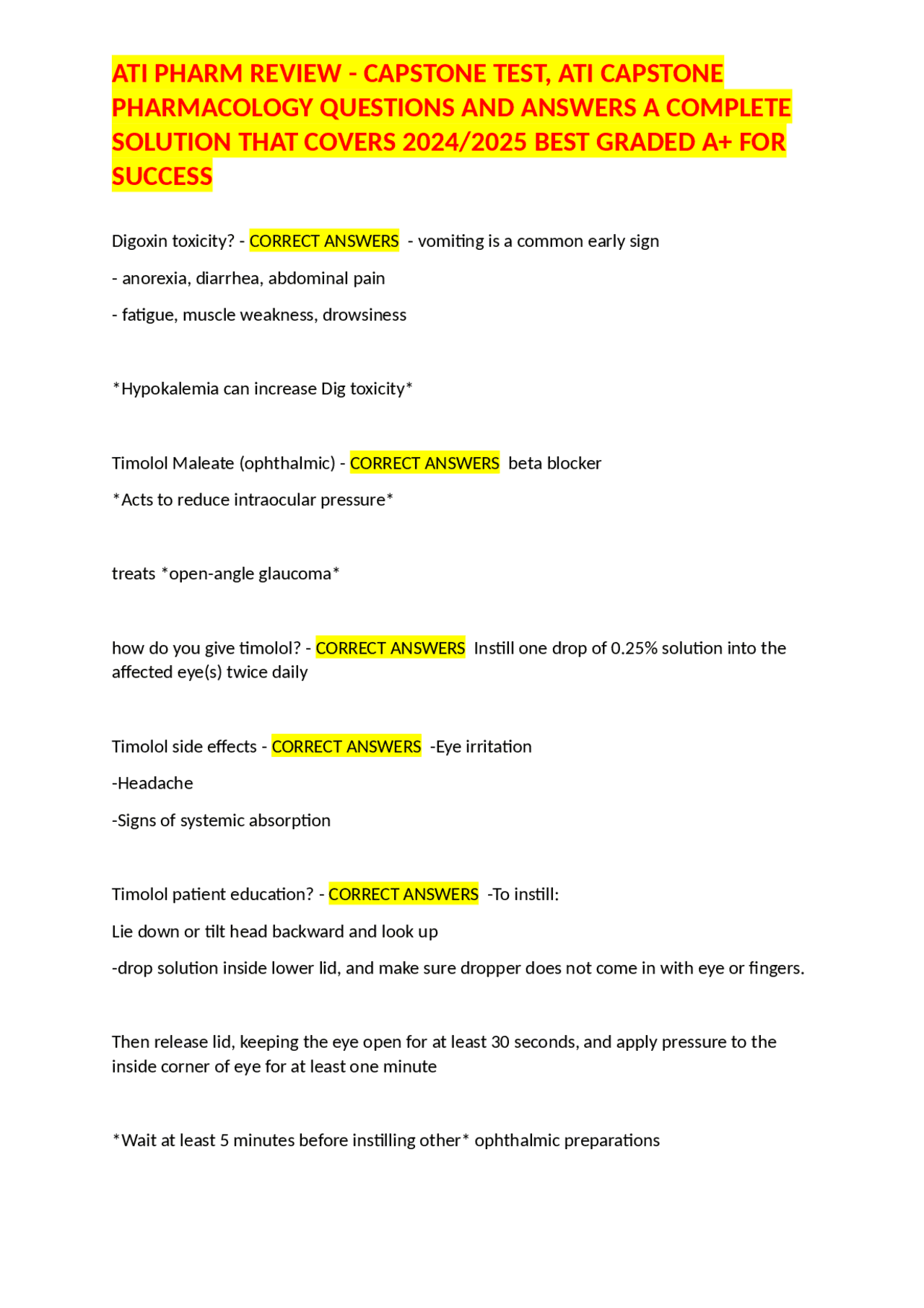 ATI PHARM REVIEW - CAPSTONE TEST, ATI CAPSTONE PHARMACOLOGY QUESTIONS ...