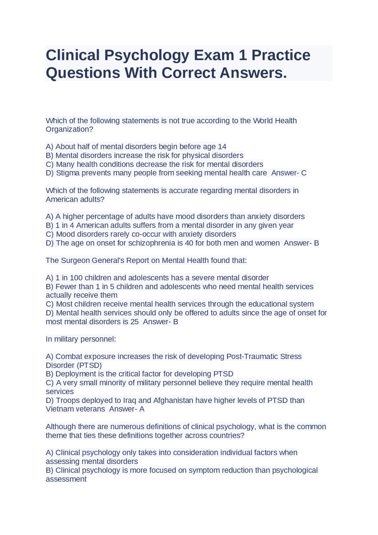 Clinical Psychology Exam 1 Practice Questions With Correct Answers ...