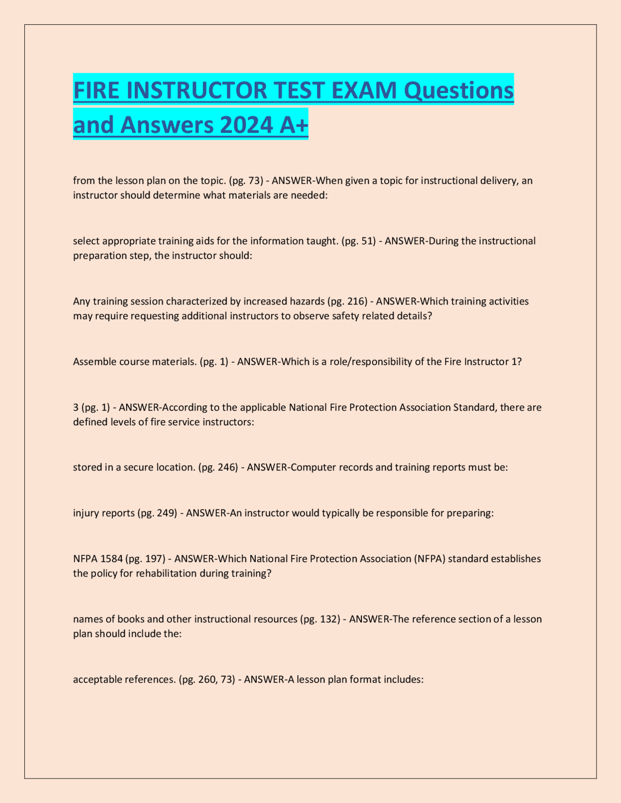 FIRE INSTRUCTOR TEST EXAM Questions and Answers 2024 A+ | Exams Safety ...