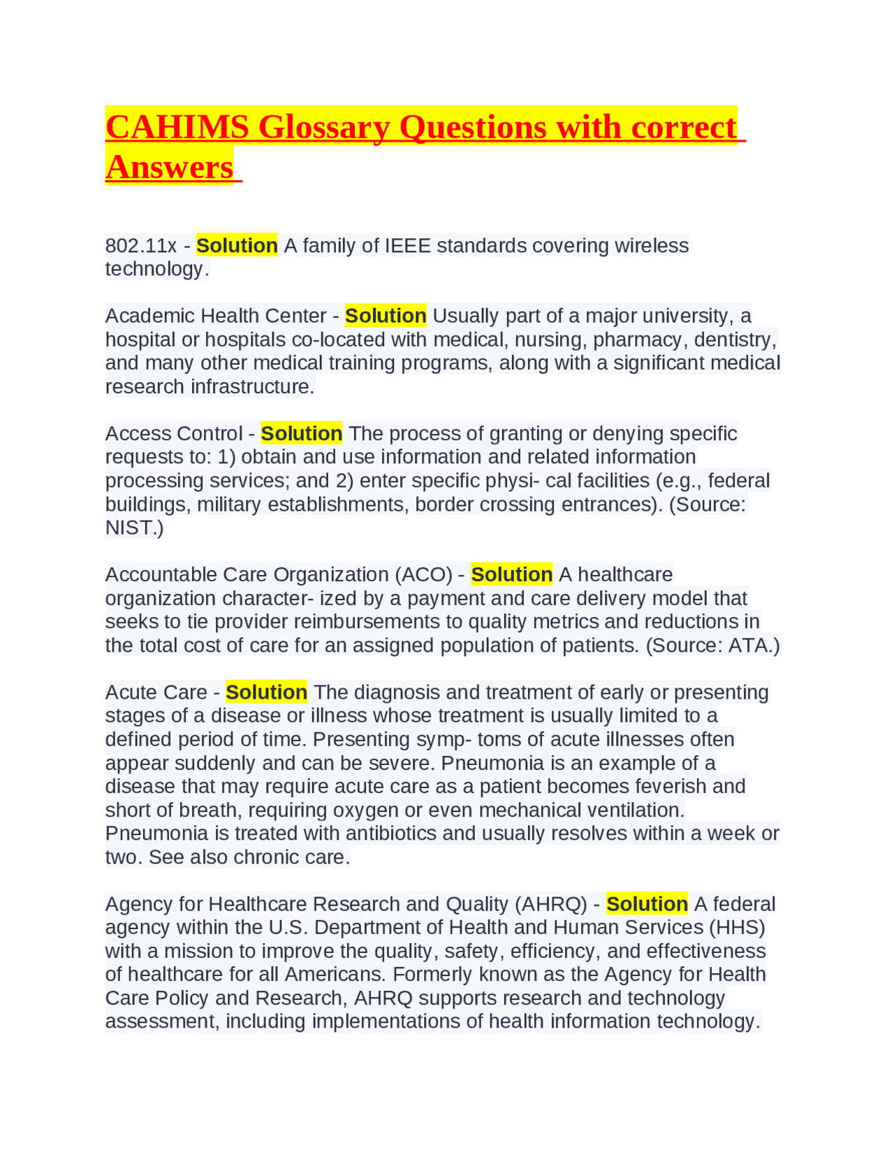 CAHIMS Glossary Questions with correct Answers | Exams Nursing | Docsity