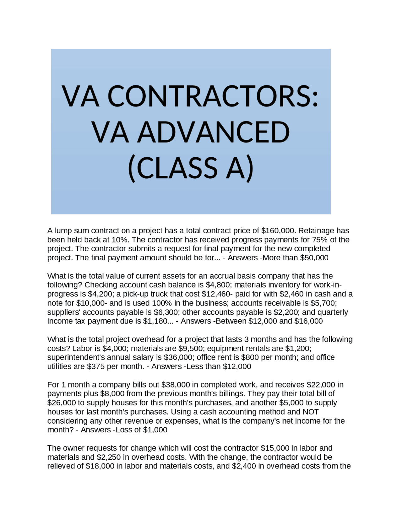VA CONTRACTORS: VA ADVANCED (CLASS A) | Exams Sociology | Docsity