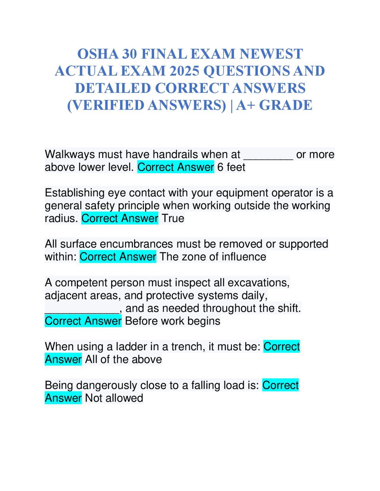 OSHA 30 FINAL EXAM NEWEST ACTUAL EXAM 2025 QUESTIONS AND DETAILED ...