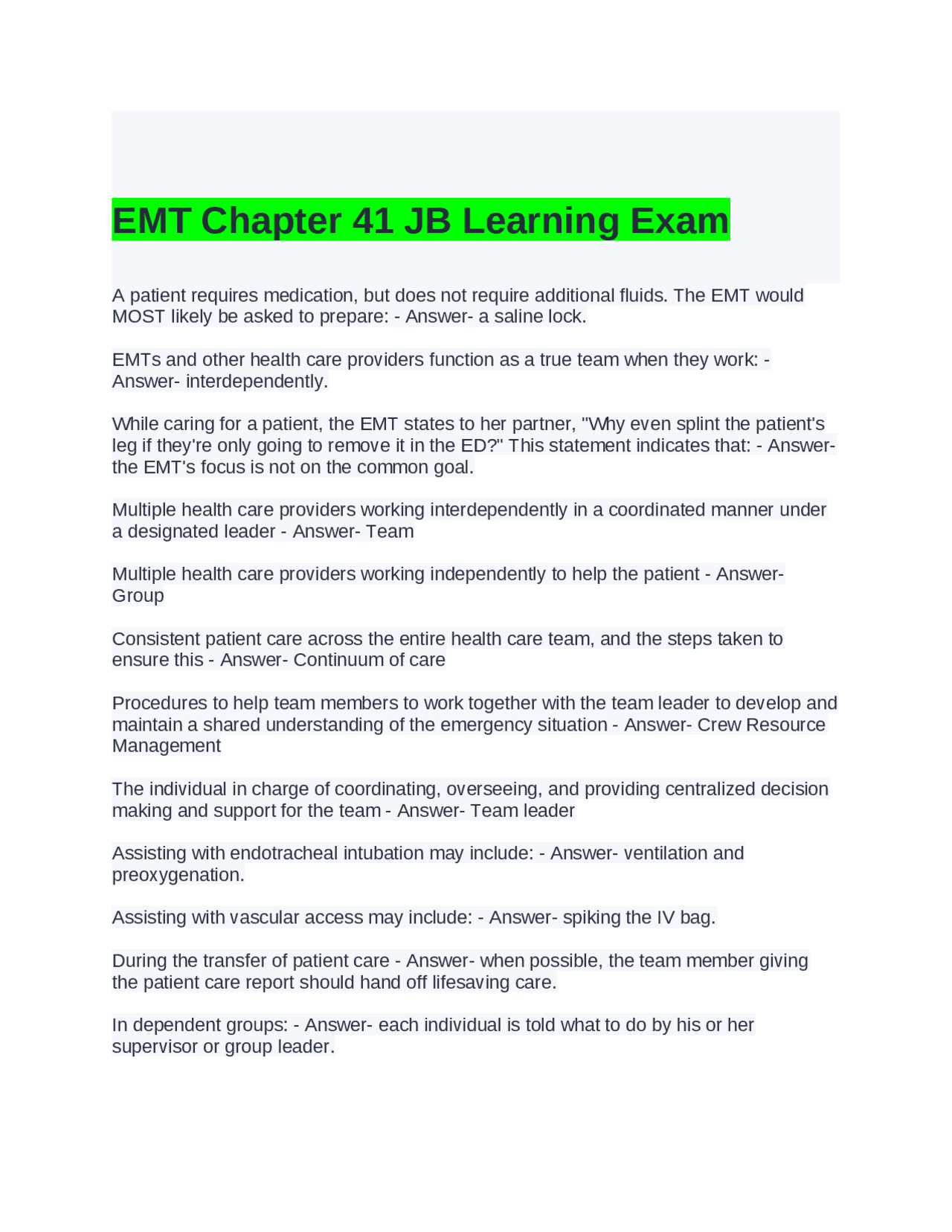 EMT Chapter 41 JB Learning Exam with complete solutions | Exams ...