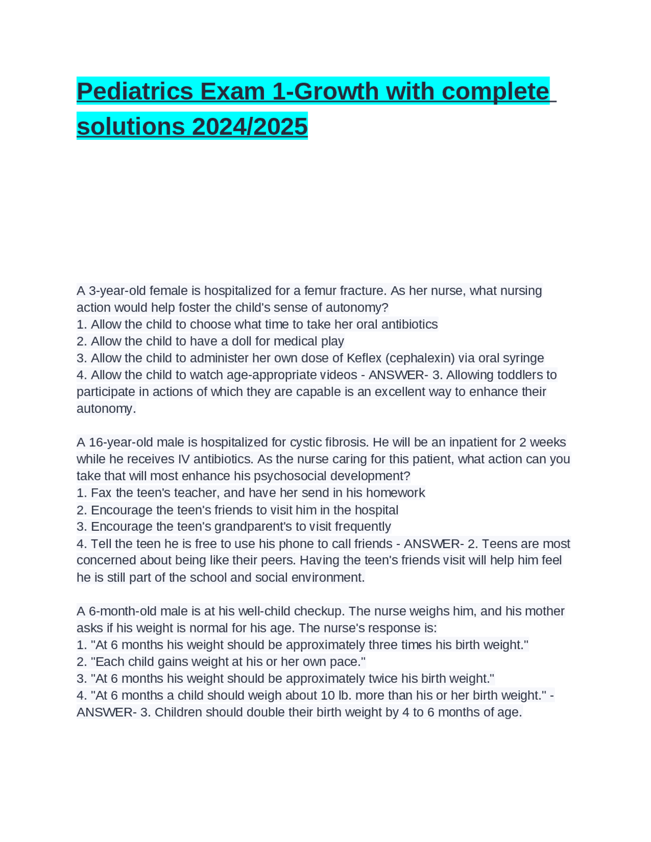 Pediatrics Exam 1-Growth with complete solutions 2024_2025.docx | Exams ...