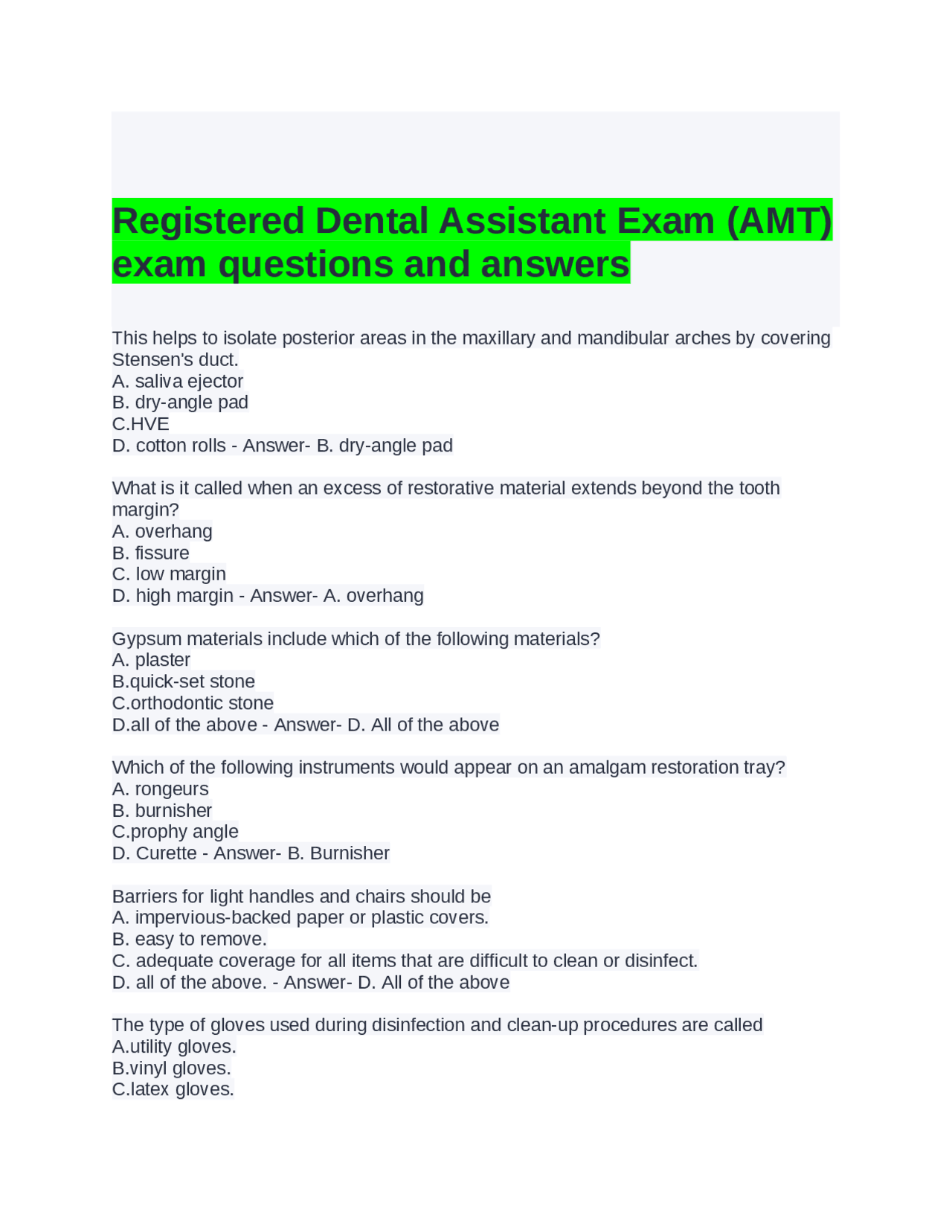 Registered Dental Assistant Exam (AMT) exam questions and answers ...