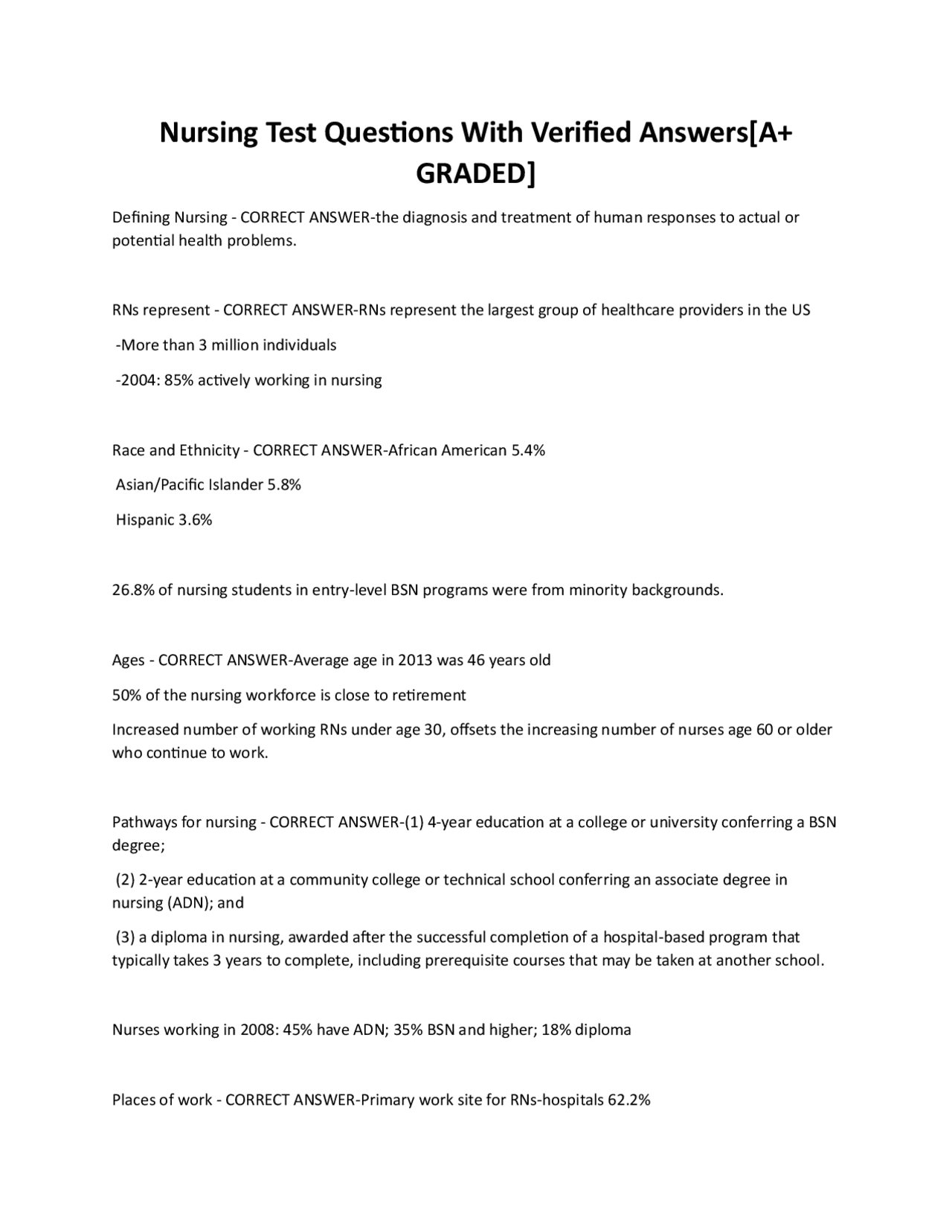 Nursing Test Questions With Verified Answers | Exams Nursing | Docsity