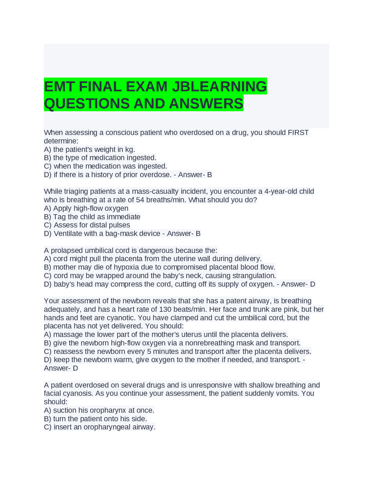 EMT FINAL EXAM JBLEARNING QUESTIONS AND ANSWERS | Exams Nursing | Docsity