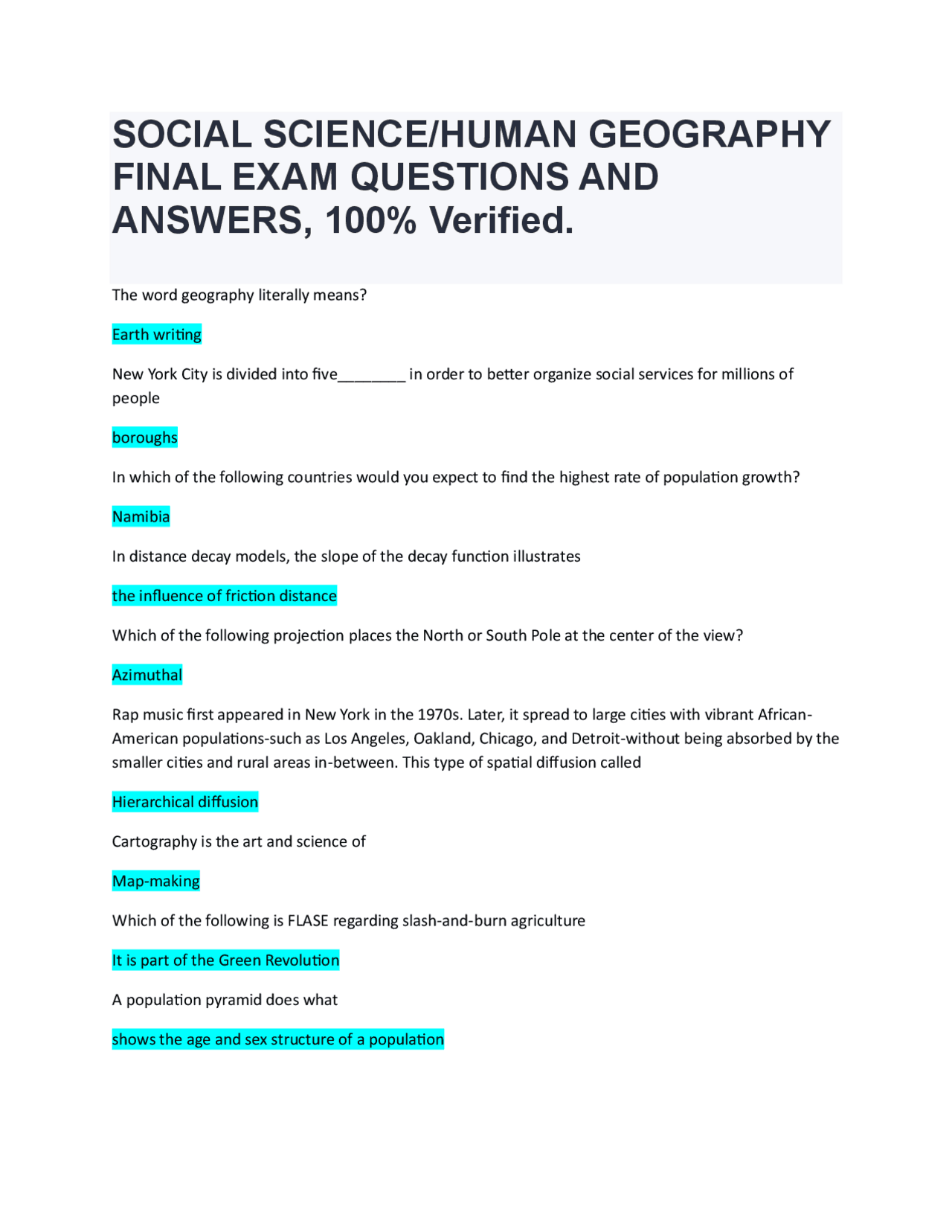 SOCIAL SCIENCE/HUMAN GEOGRAPHY FINAL EXAM QUESTIONS AND ANSWERS, 100% ...