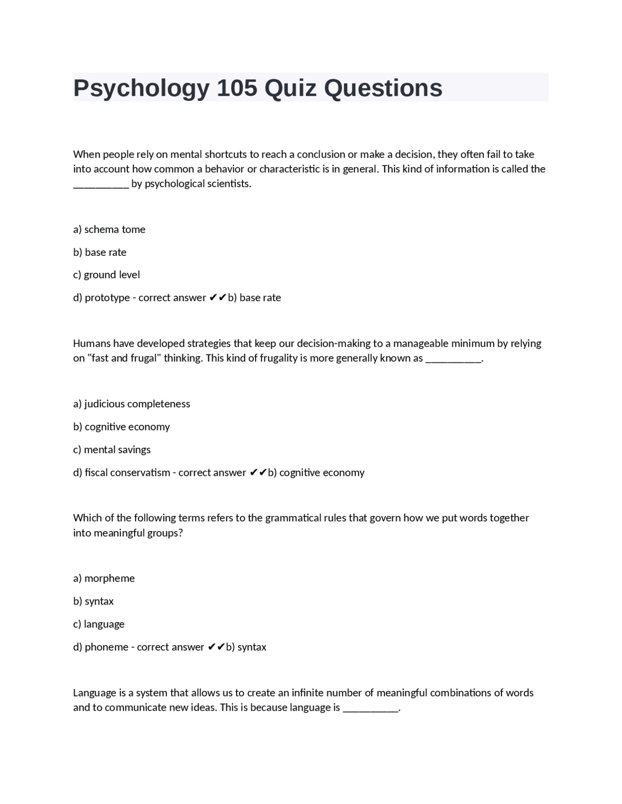 Psychology 105 Quiz Questions with 100% correct answers | Exams Nursing ...