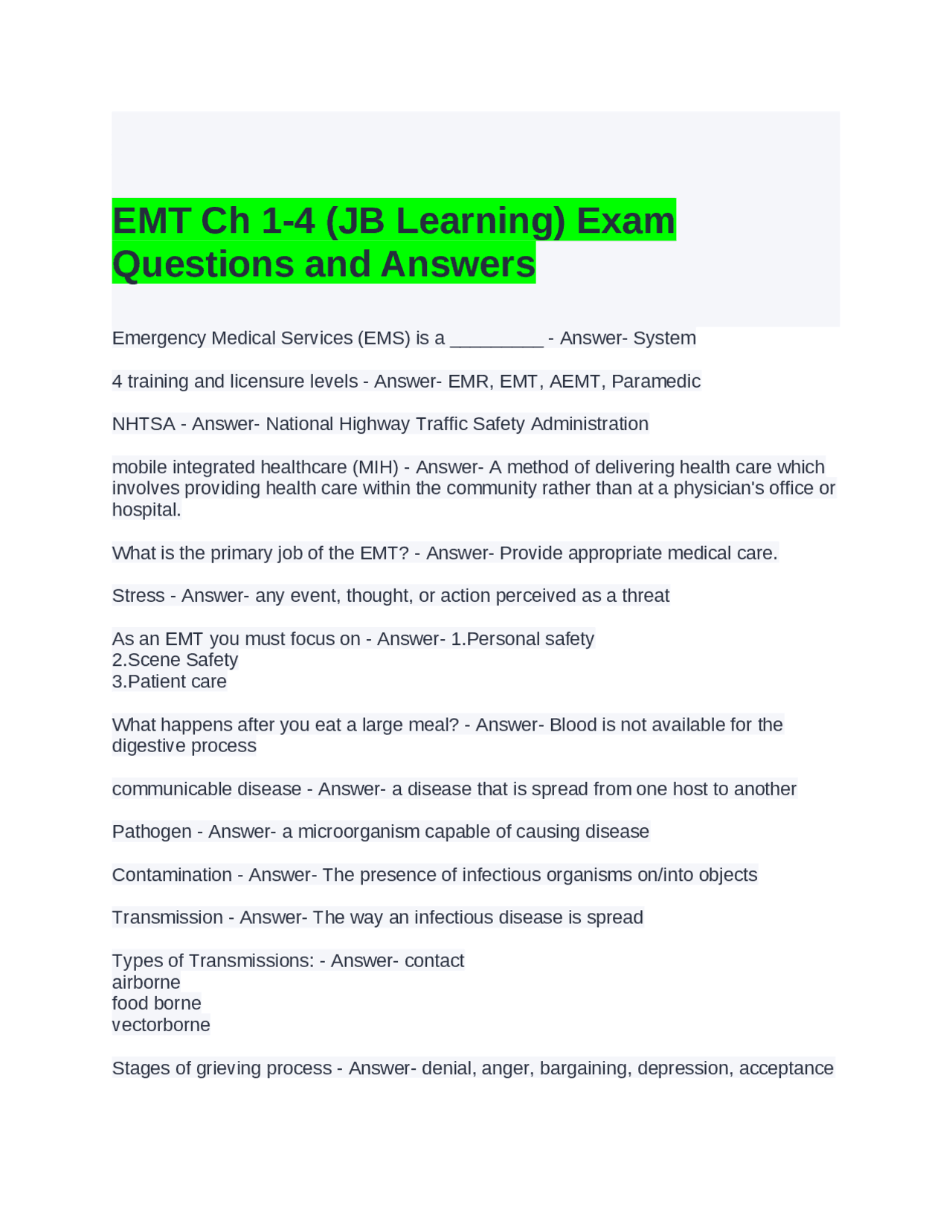 EMT Ch 1-4 (JB Learning) Exam Questions and Answers | Exams Nursing ...