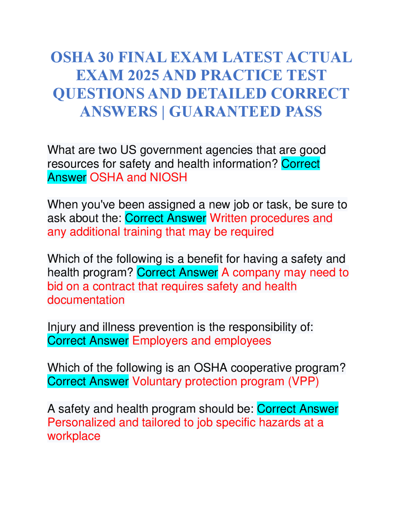 OSHA 30 FINAL EXAM LATEST ACTUAL EXAM 2025 AND PRACTICE TEST QUESTIONS ...