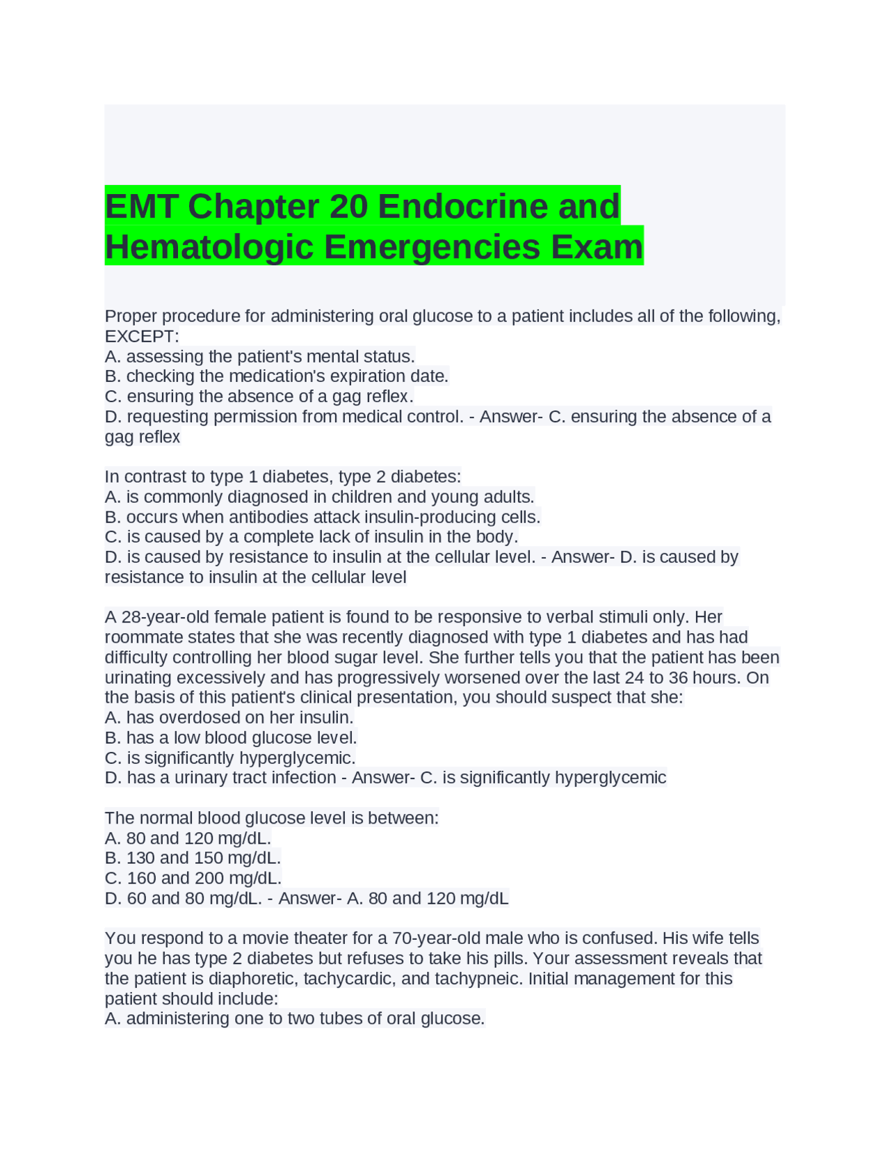EMT Chapter 20 Endocrine and Hematologic Emergencies Exam | Exams ...