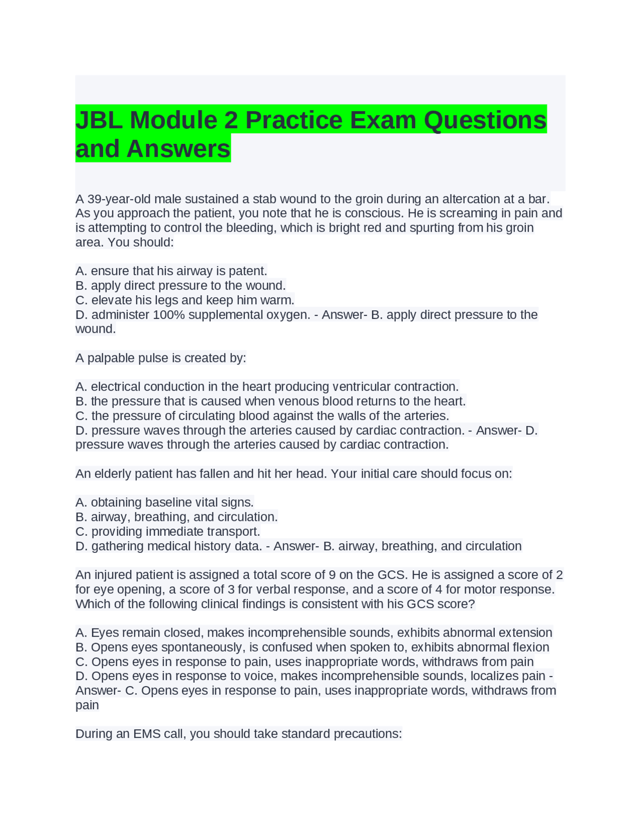 JBL Module 2 Practice Exam Questions and Answers | Exams Nursing | Docsity