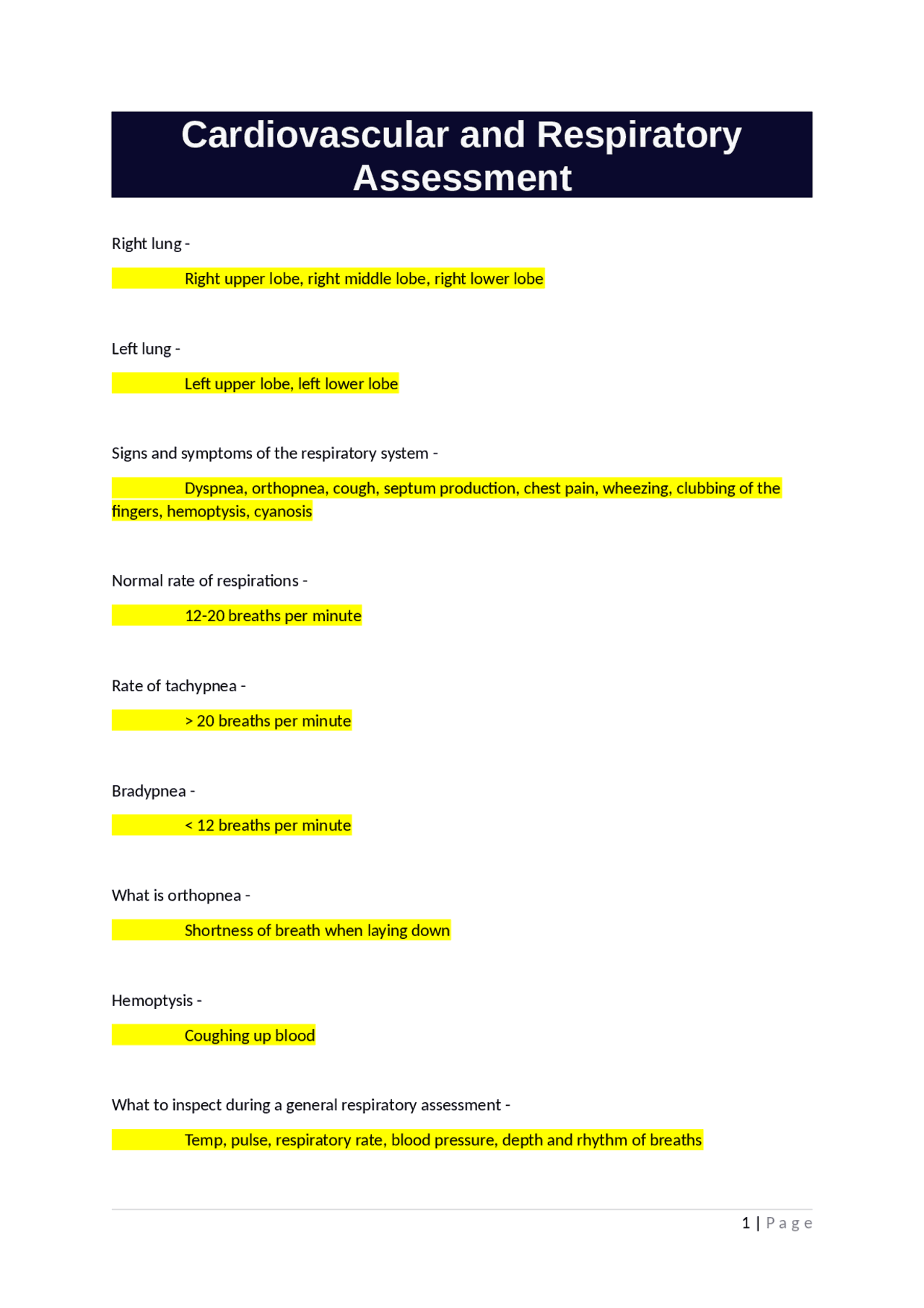 Cardiovascular and Respiratory Assessment | Exams Cardiology | Docsity