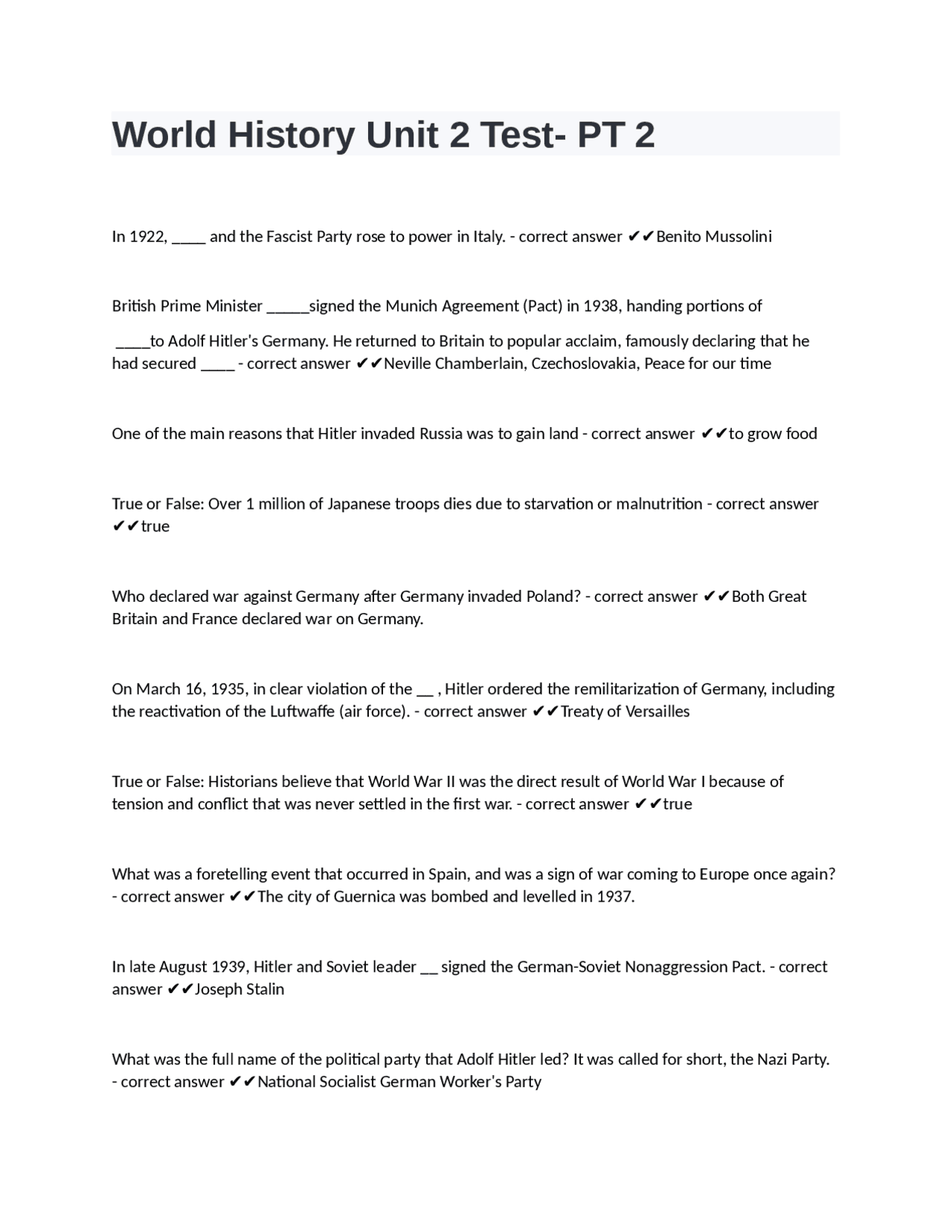 World History Unit 2 Test- PT 2 questions with correct answers | Exams ...