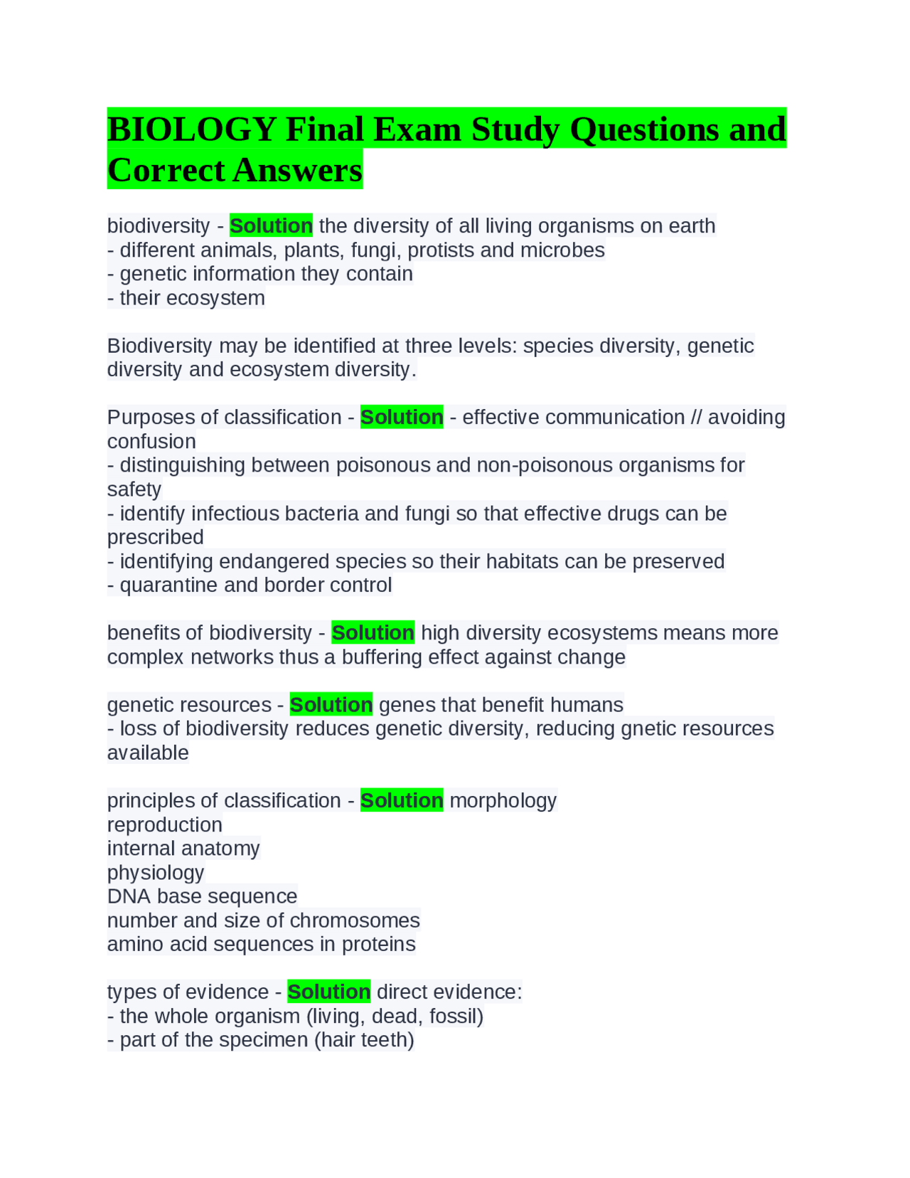 BIOLOGY Final Exam Study Questions and Correct Answers | Exams ...