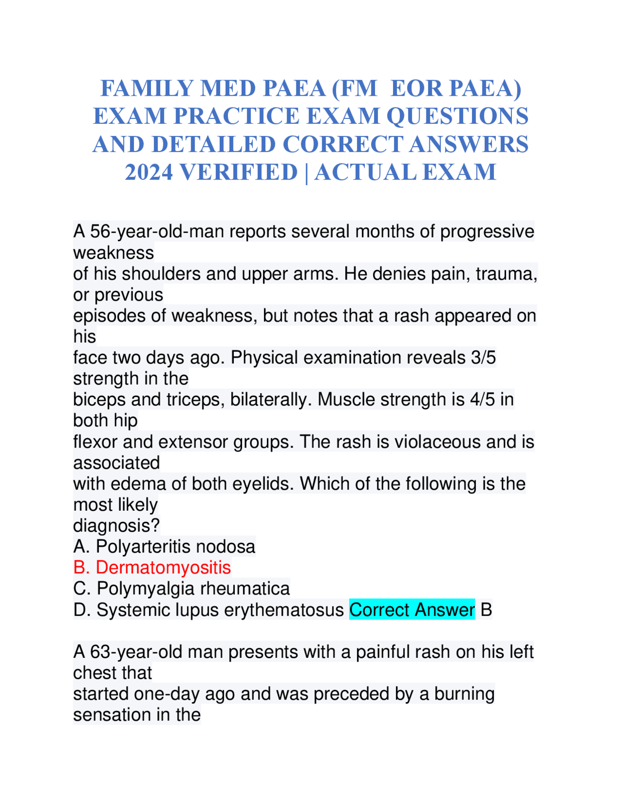 FAMILY MED PAEA (FM EOR PAEA) EXAM PRACTICE EXAM QUESTIONS & DETAILED ...