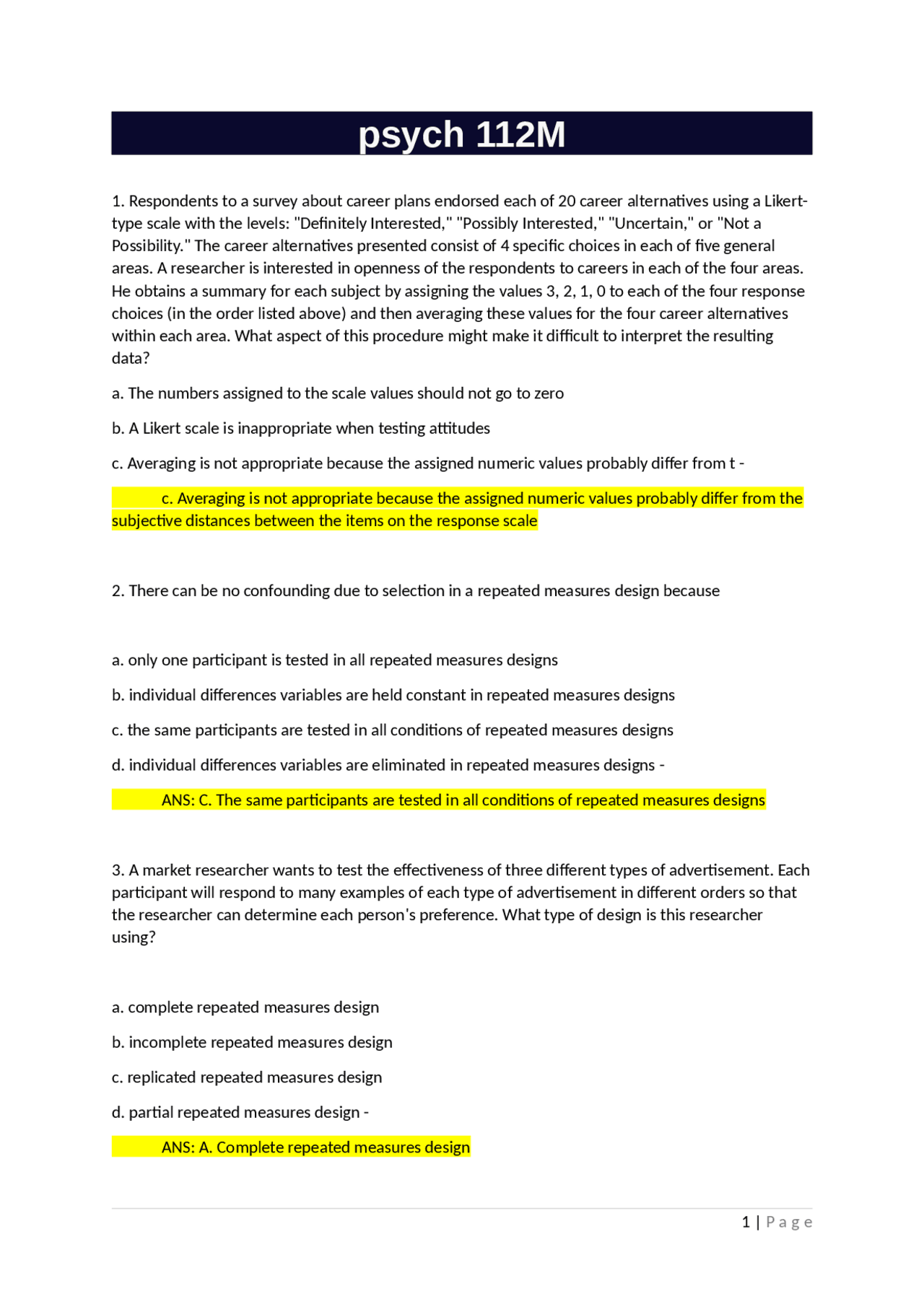 Repeated Measures Design and Experimental Design Concepts | Exams ...