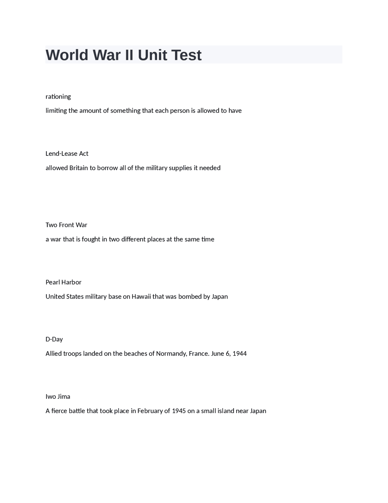 World War II Unit Test | Exams Nursing | Docsity