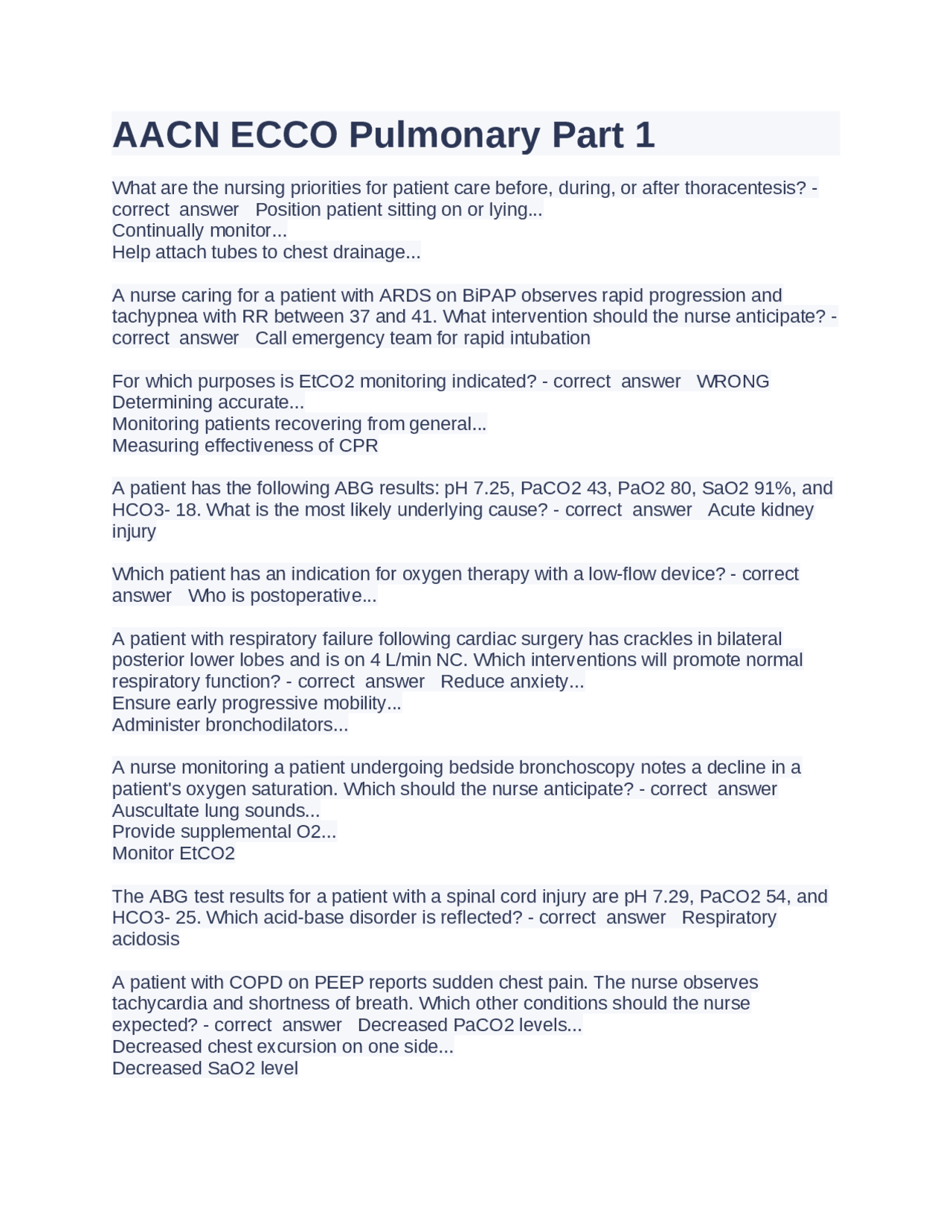 AACN ECCO Pulmonary Part 1 Question and answers already passed 2024/ ...