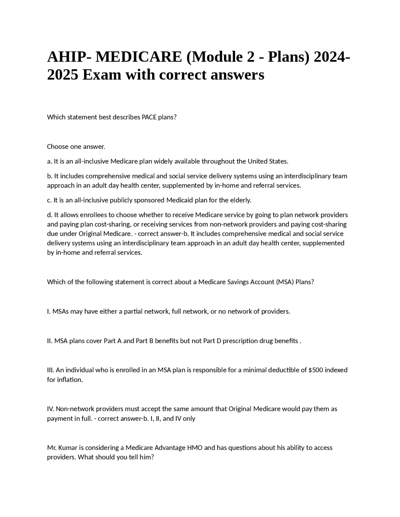 AHIP- MEDICARE (Module 2 - Plans) 20242025 Exam with correct answers | Exams Nursing | Docsity