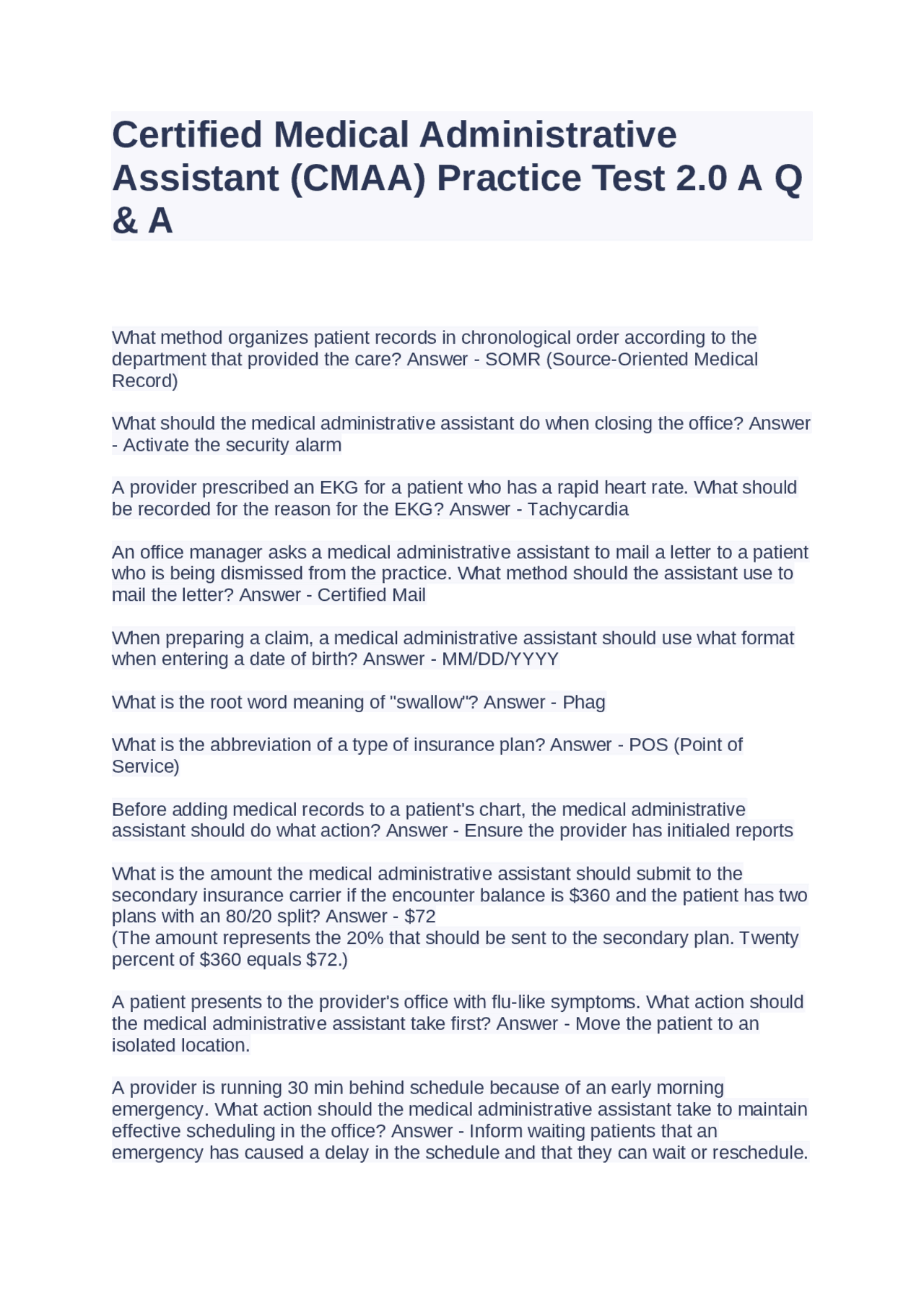 Certified Medical Administrative Assistant (CMAA) Practice Test 2.0 ...