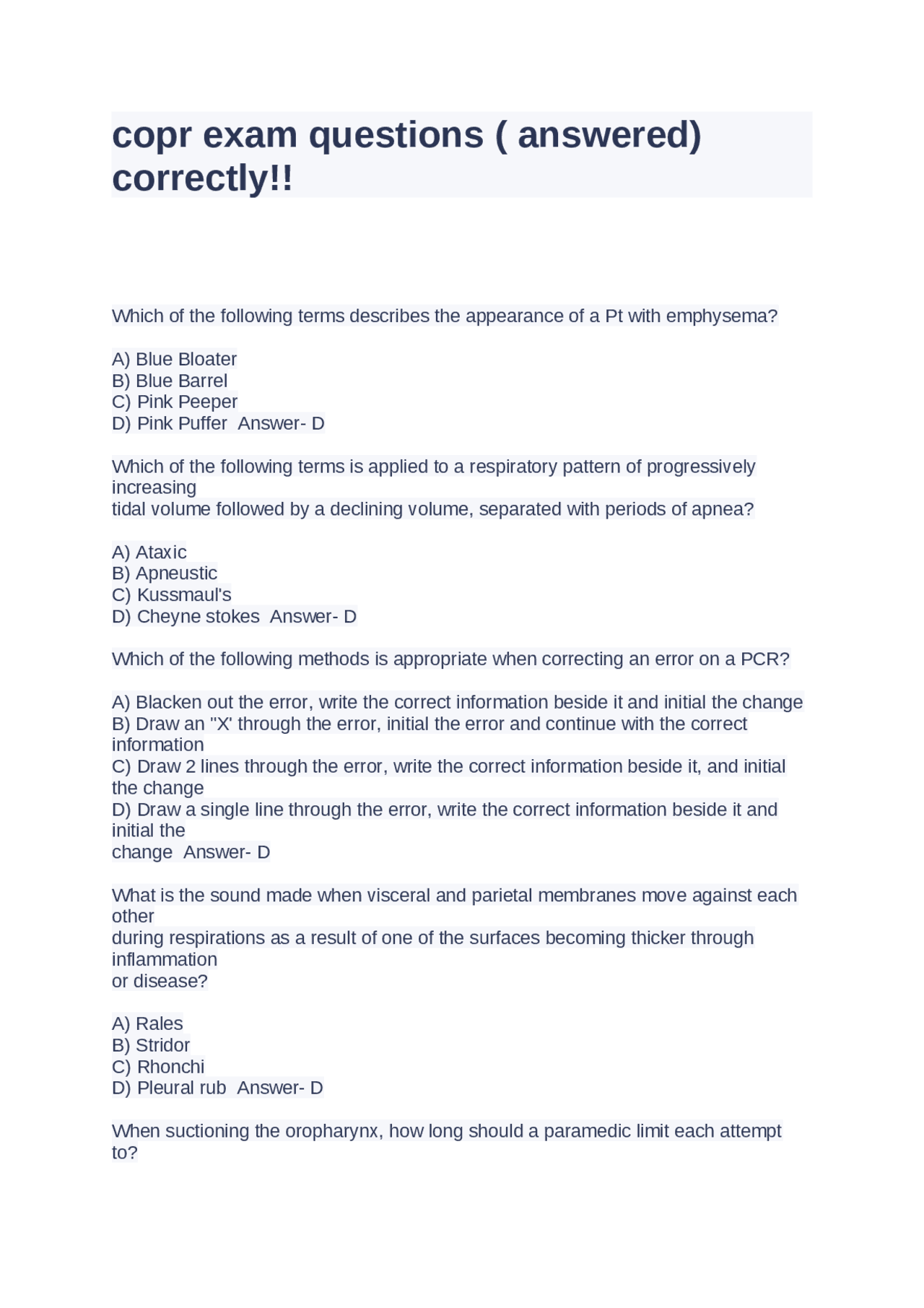 copr exam questions ( answered) correctly!!. | Exams Nursing | Docsity
