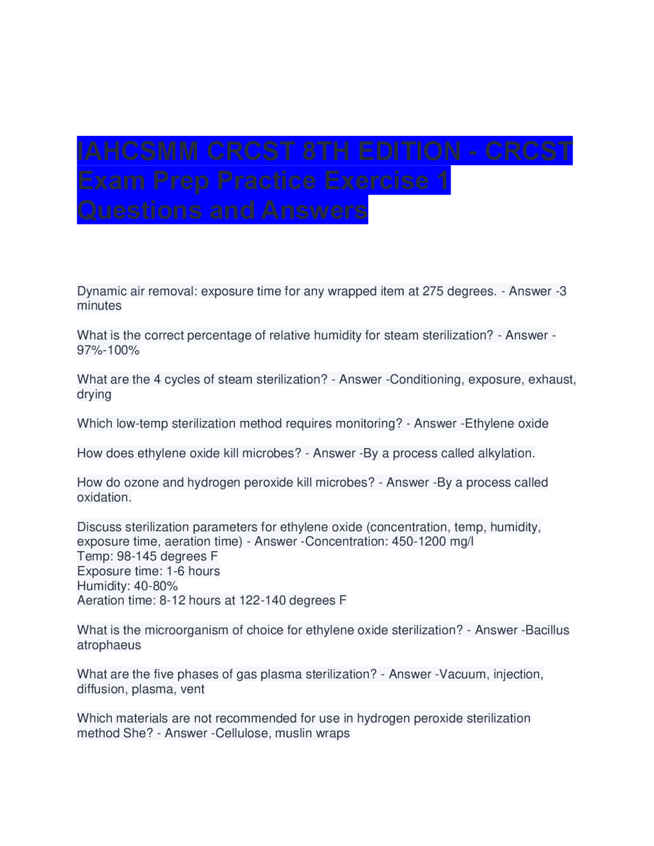 IAHCSMM CRCST 8TH EDITION - CRCST Exam Prep Practice Exercise 1 ...