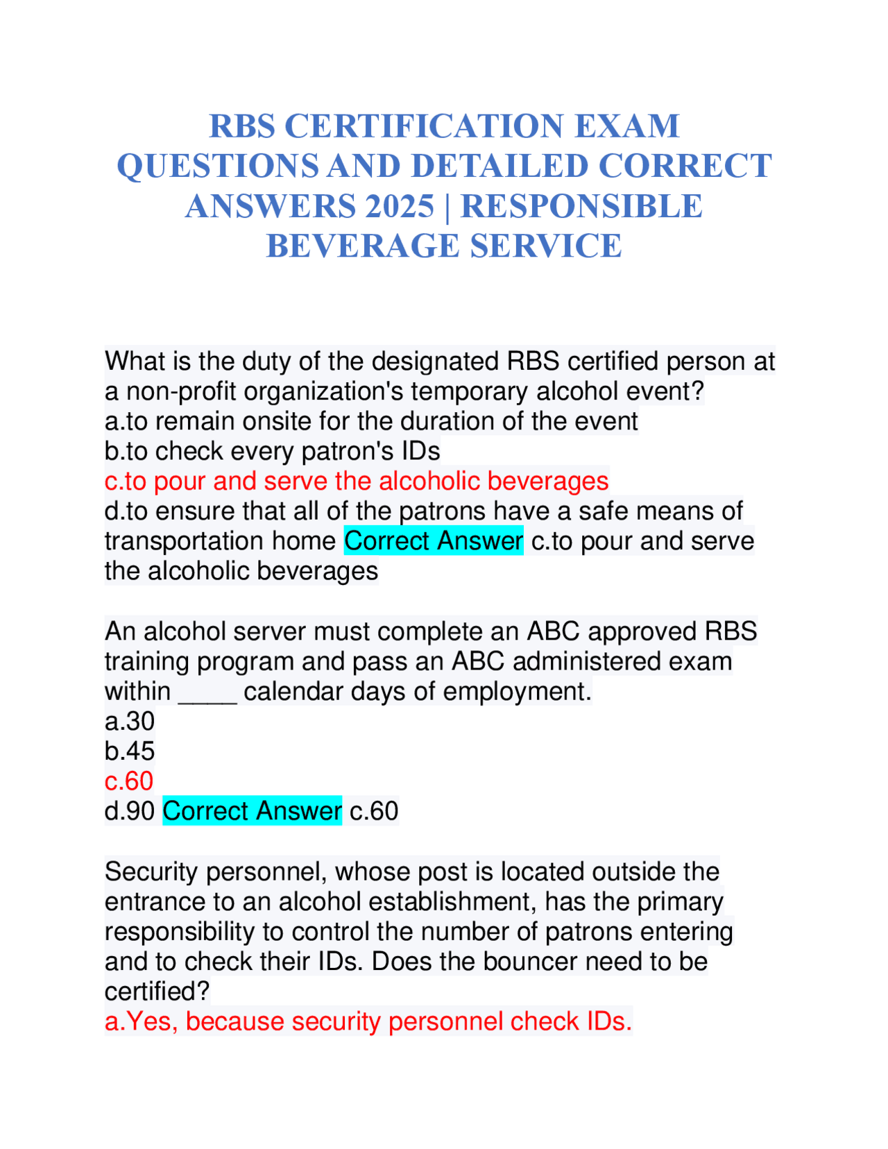 RBS CERTIFICATION EXAM QUESTIONS AND DETAILED CORRECT ANSWERS 2025 ...