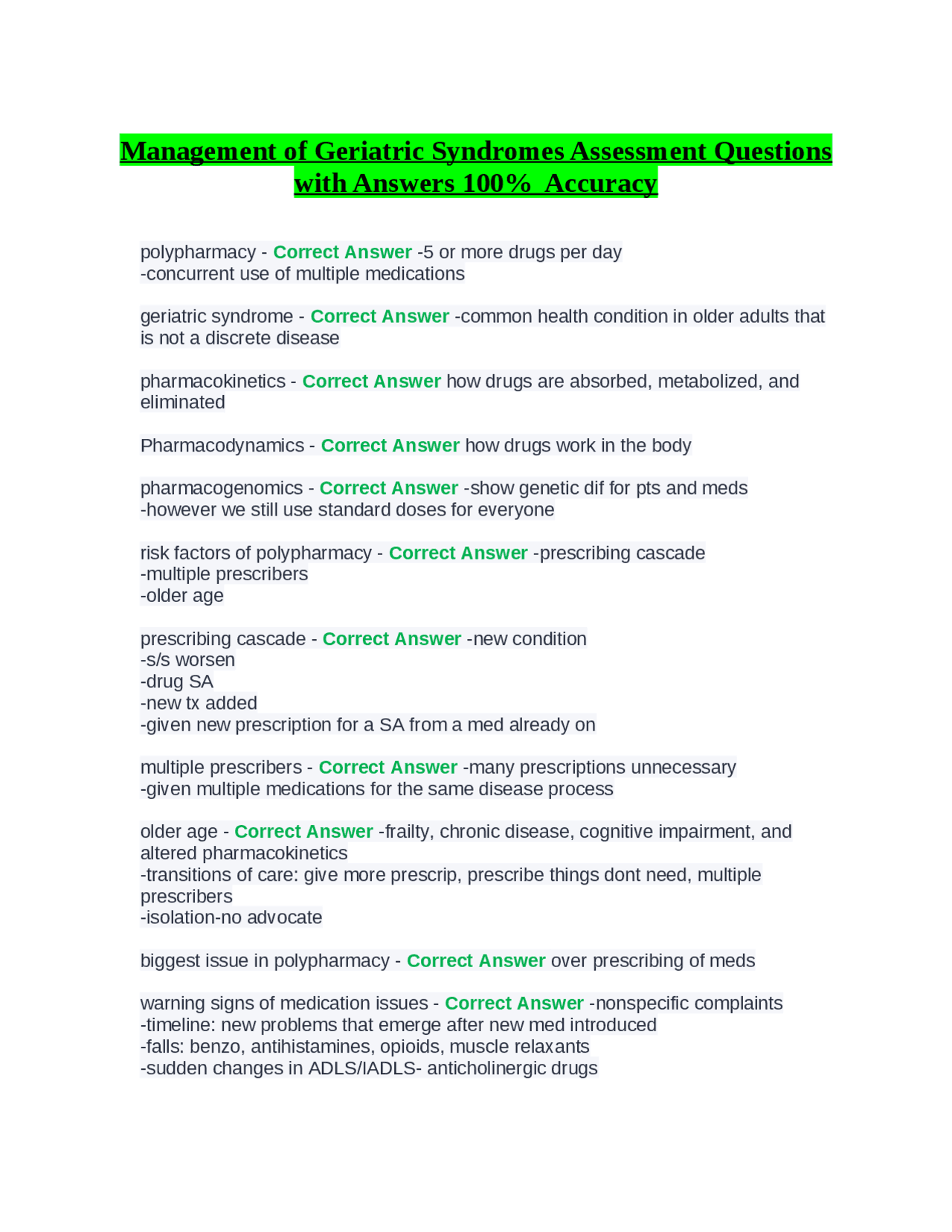 Management of Geriatric Syndromes Assessment Questions with Answers 100 ...