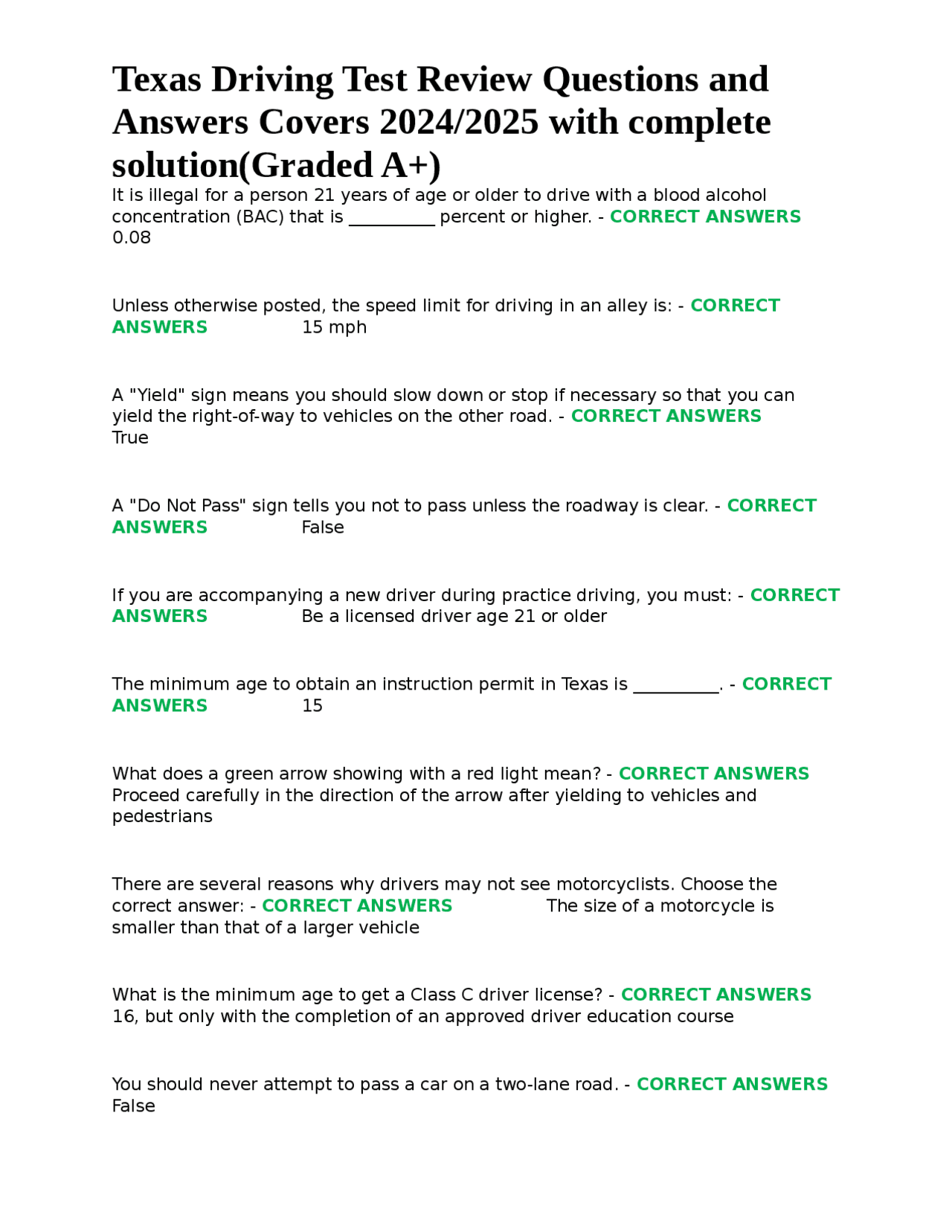 Texas Driving Test Review Questions and Answers Covers 2024/2025 with ...