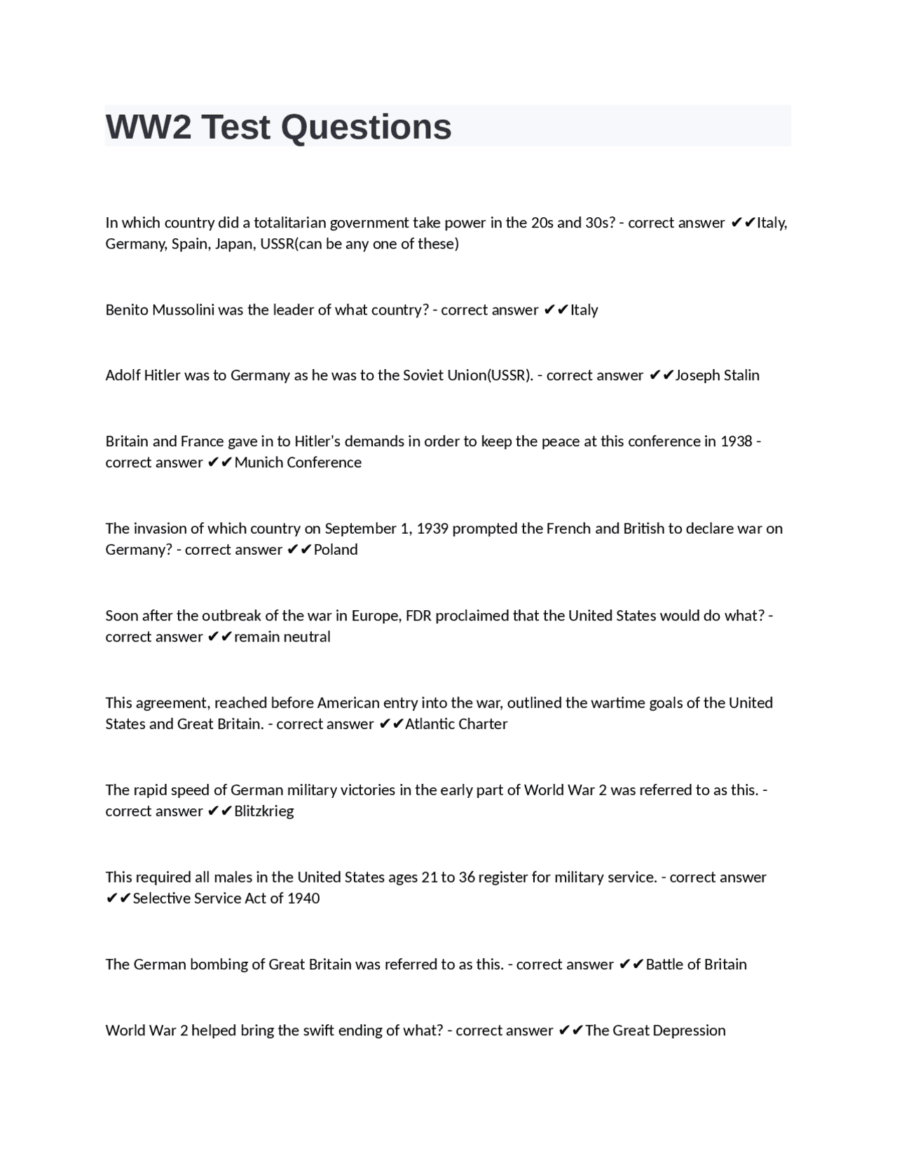 WW2 Test Questions with complete solutions rated A+ passed | Exams ...