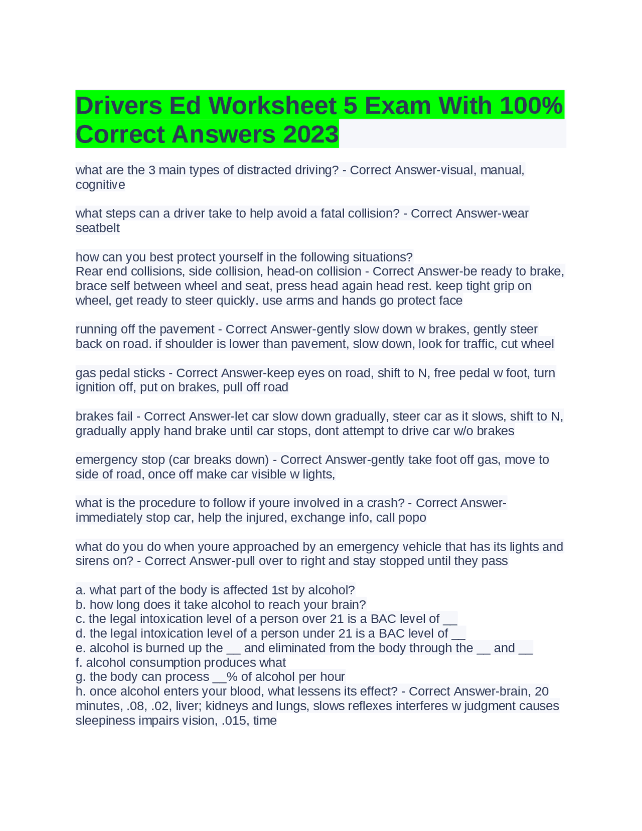 Drivers Ed Worksheet 5 Exam With 100% Correct Answers 2023 | Exams ...