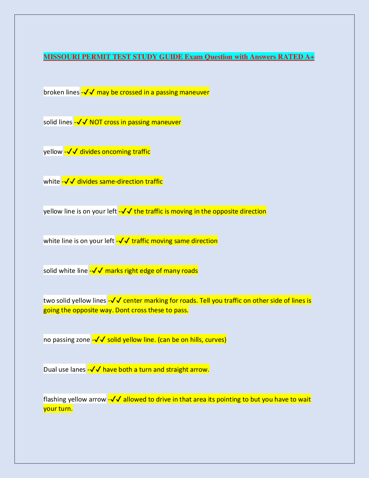 Missouri Permit Test Study Guide | Exams Nursing | Docsity