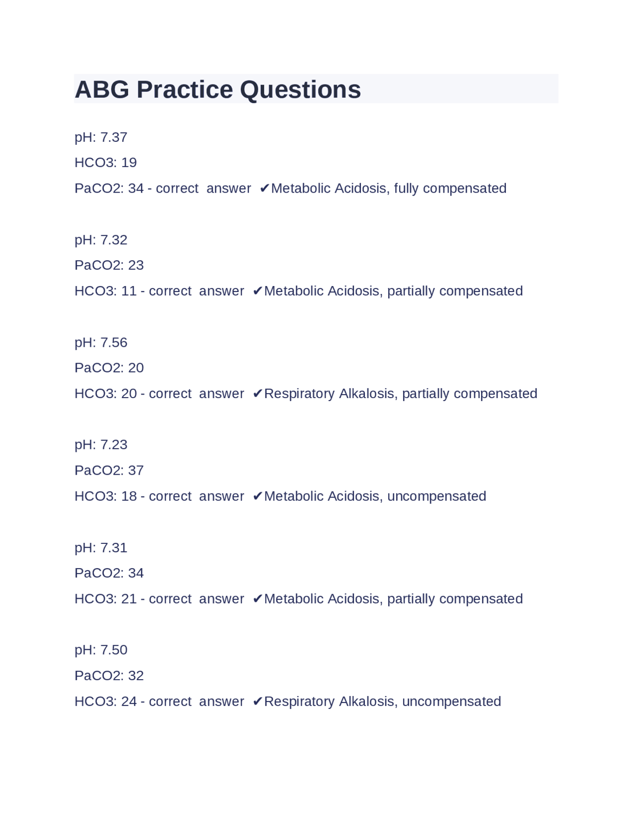 ABG Practice Questions and answers 100% correct 2024/2025 | Exams Nursing | Docsity